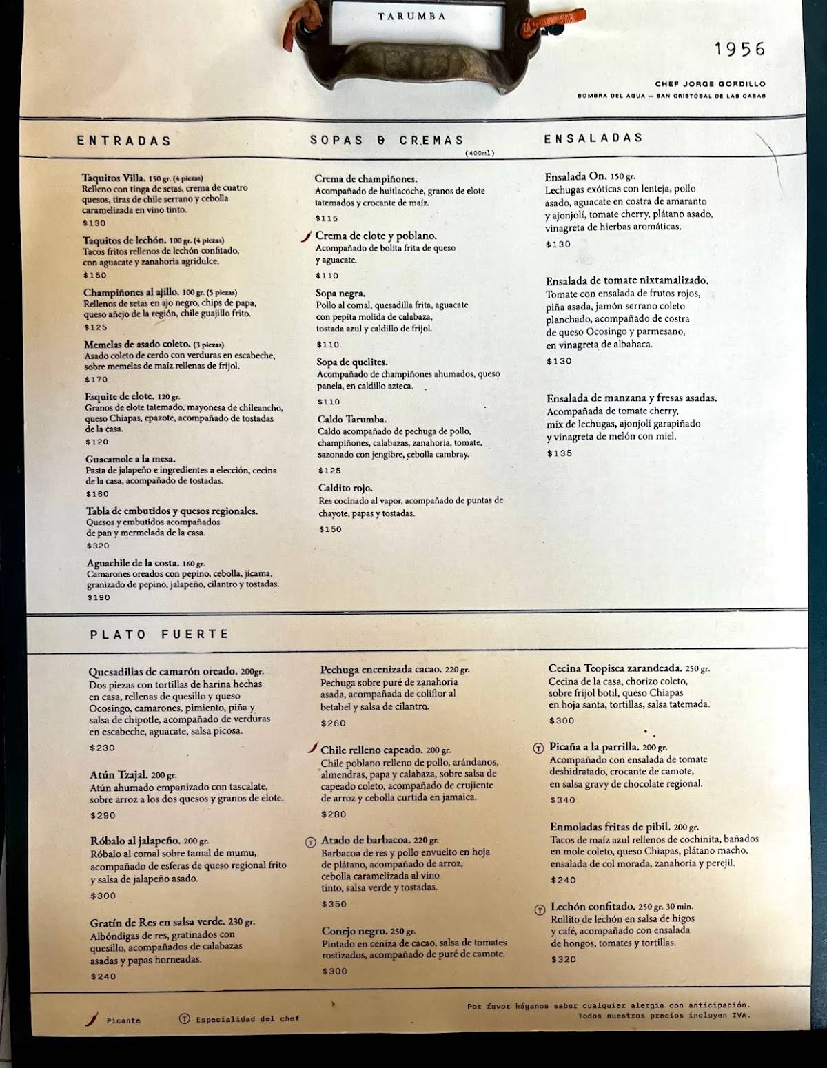 Carta de Restaurante "Tarumba", San Cristóbal de las Casas