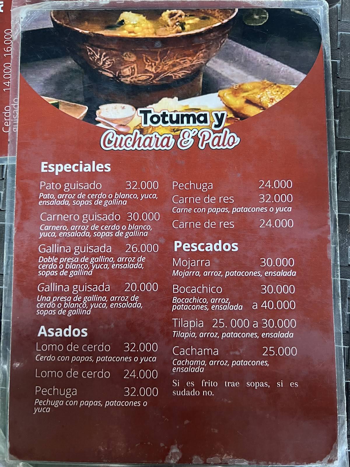Carta de Restaurante Totuma y Cuchara E' Palo, Sincelejo