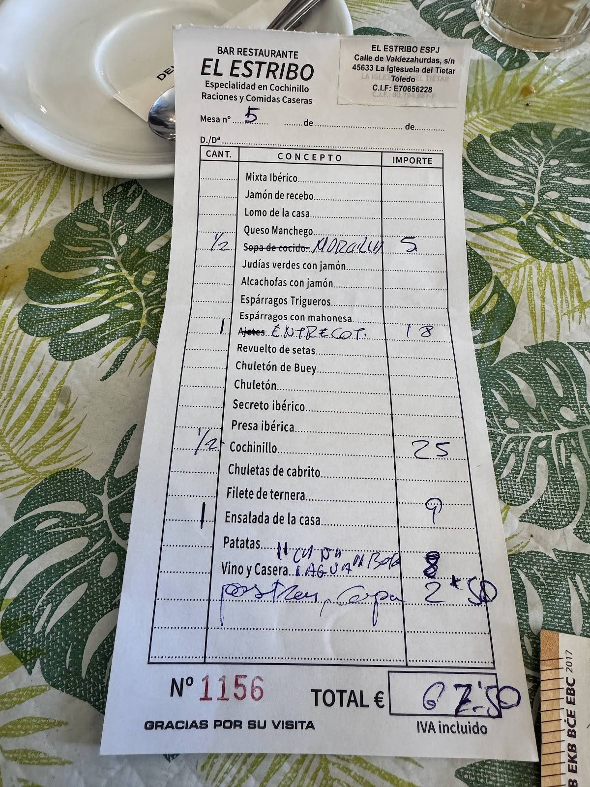 Carta de Restaurante el estribo, La Iglesuela