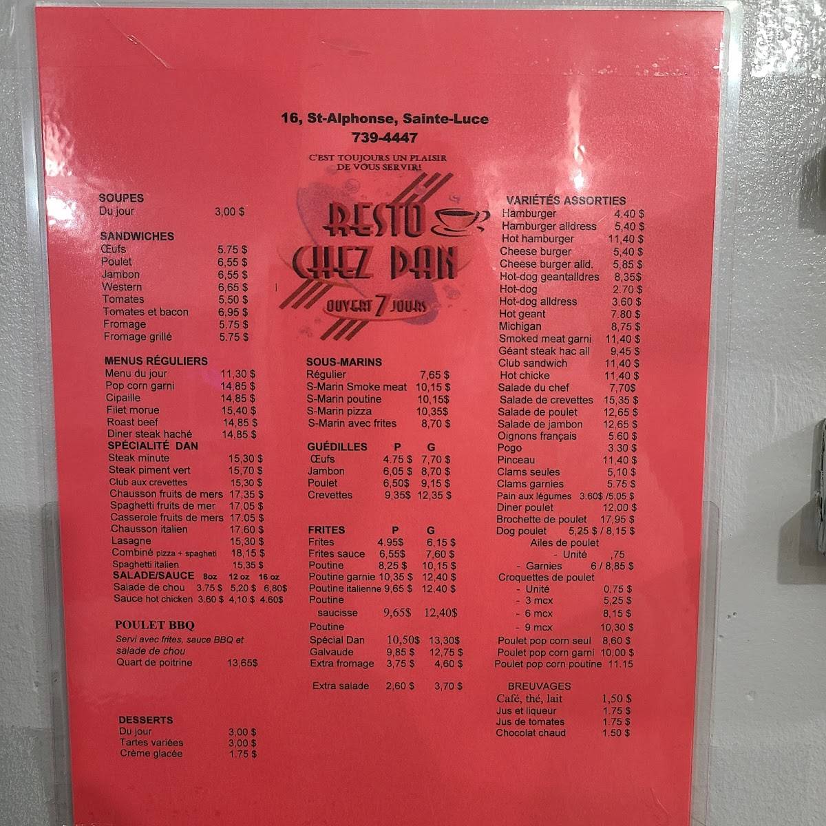 Menu au Resto Chez Dan restaurant, Sainte-Luce