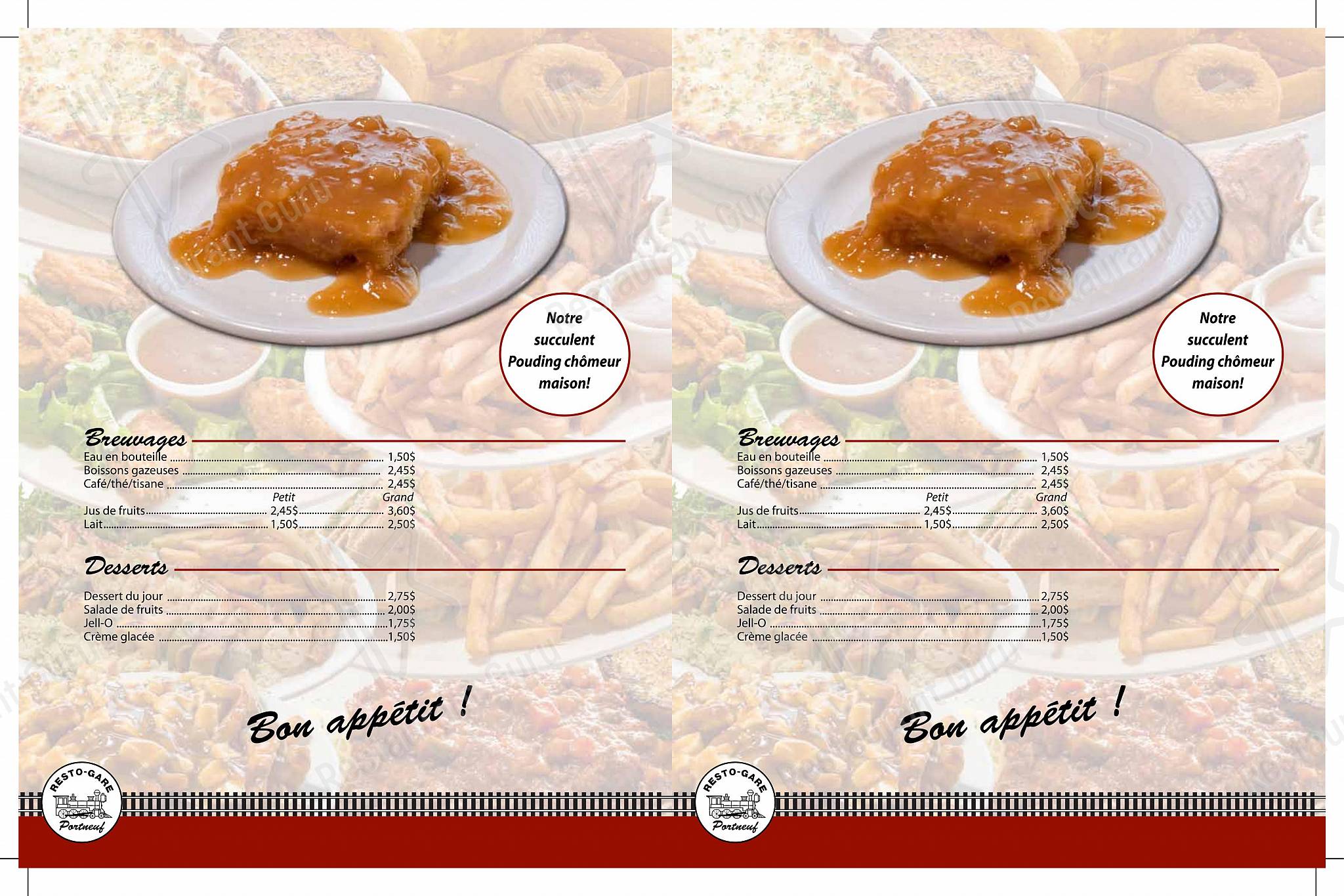 Menu au Resto-Gare de Portneuf restaurant, Portneuf