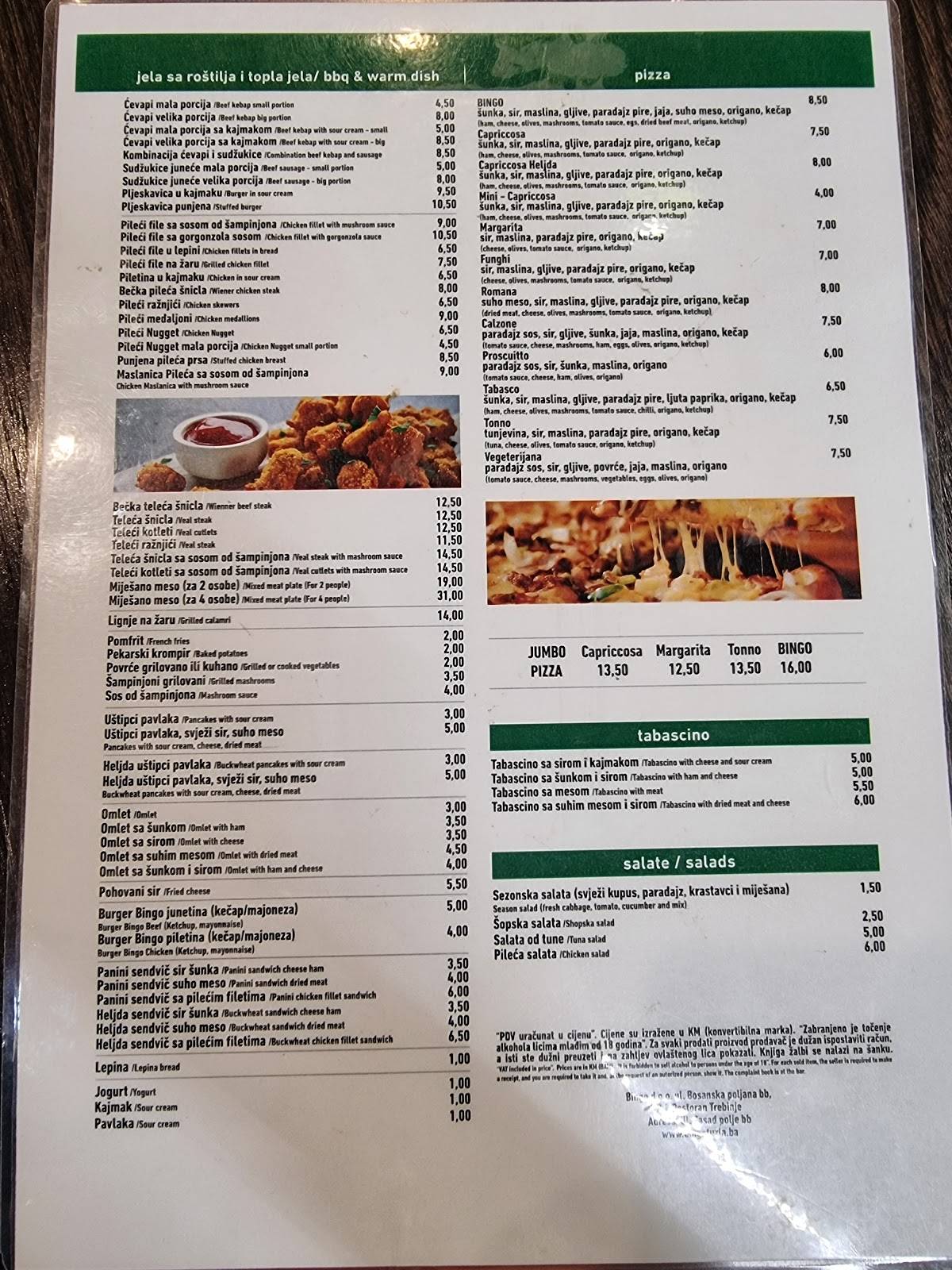 Speisekarte von Restoran Bingo restaurant, Trebinje