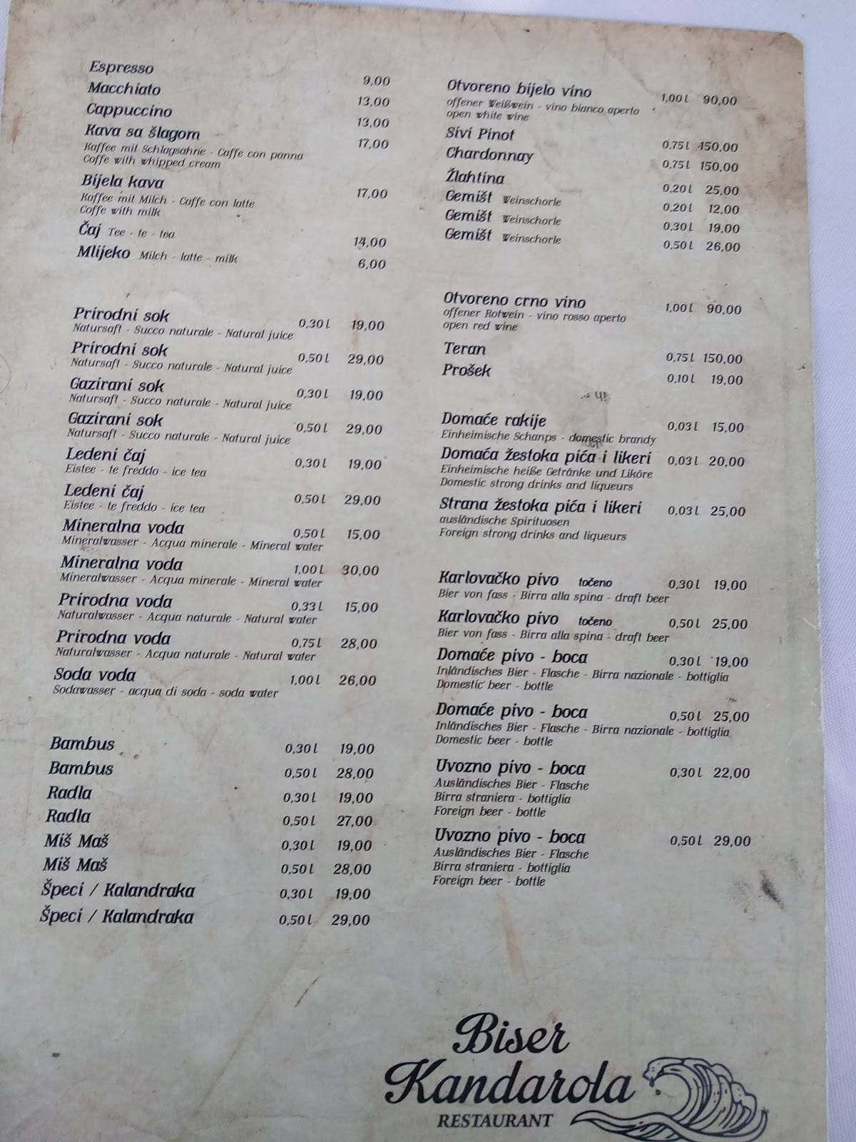 Menu at Restoran Biser Kandarola restaurant, Kampor