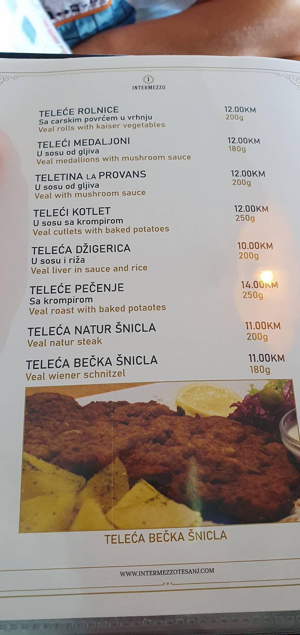 Menu at Restoran Intermezzo Tešanj restaurant, Bosnia and Herzegovina