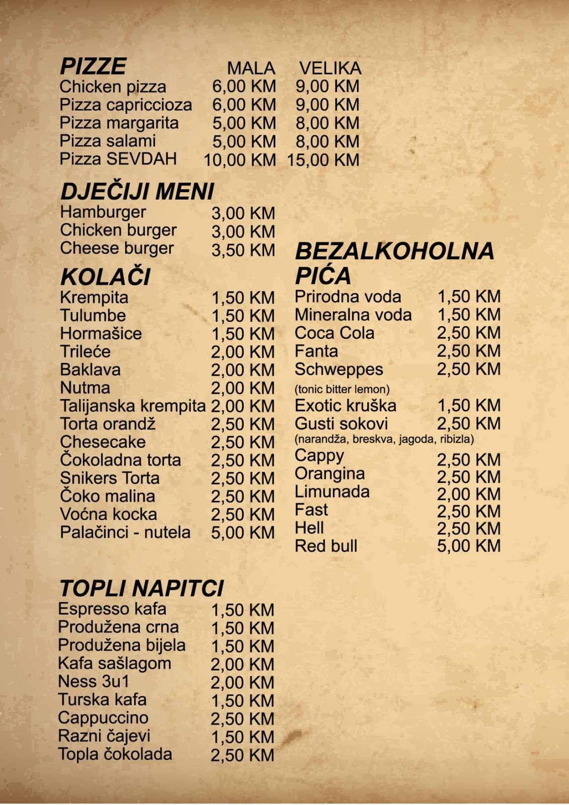 Menu at Restoran Sevdah restaurant, Živinice Grad
