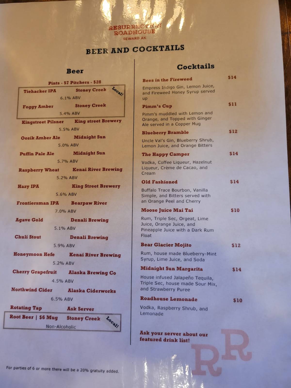 Carta del restaurante Resurrection Roadhouse, Seward, Herman Leirer Rd