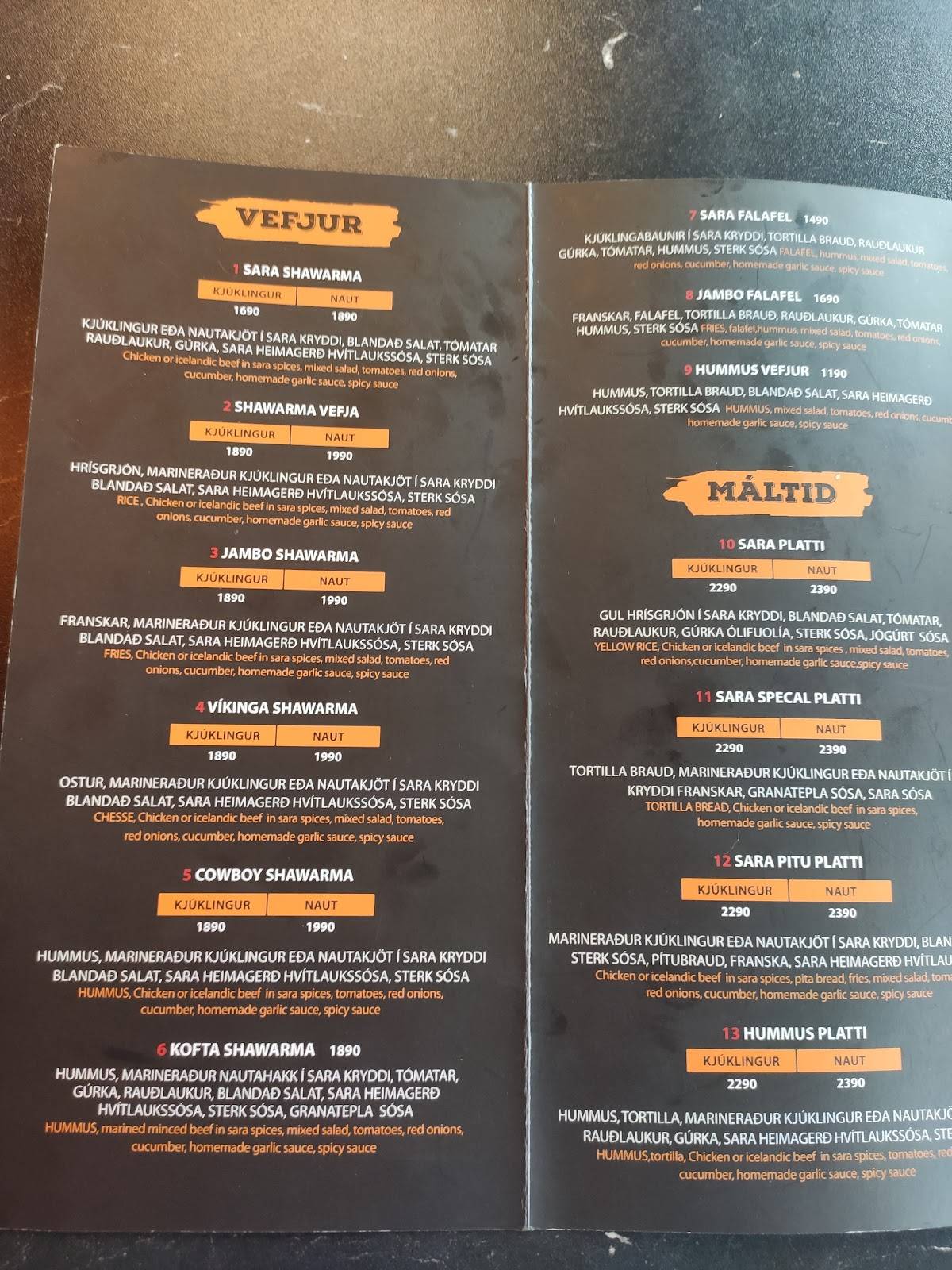 Menu at Kebab Sara restaurant, Reykjavík, Grensásvegur 14