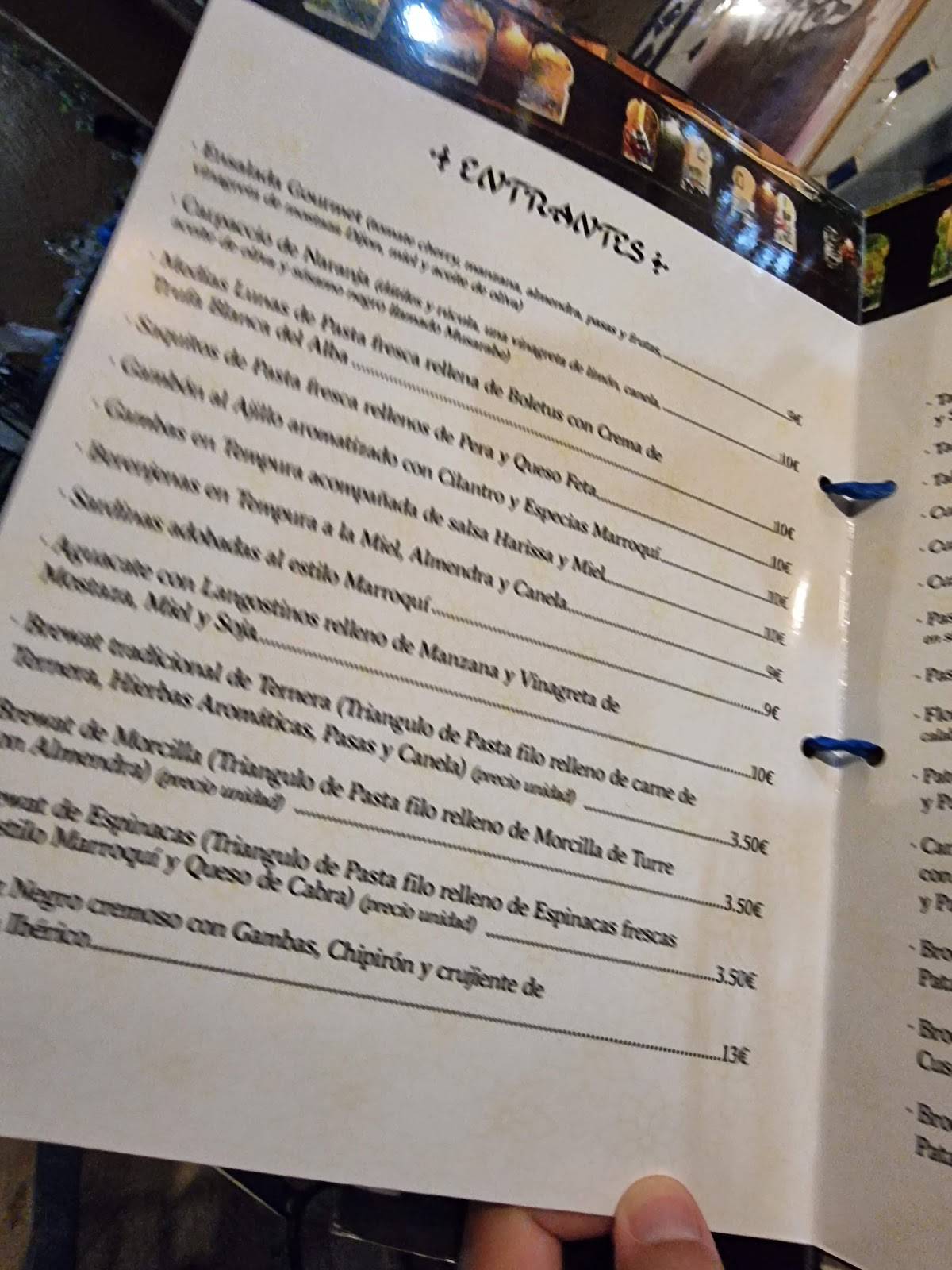 Menu at Riad Cabrera (Fatima) restaurant, Spain