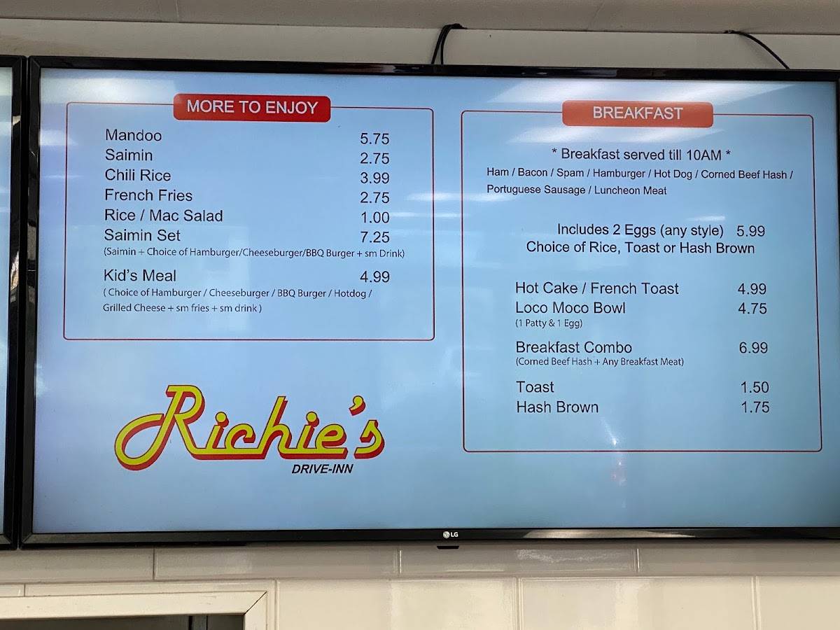 Menu at Richie's Drive Inn restaurant, Honolulu
