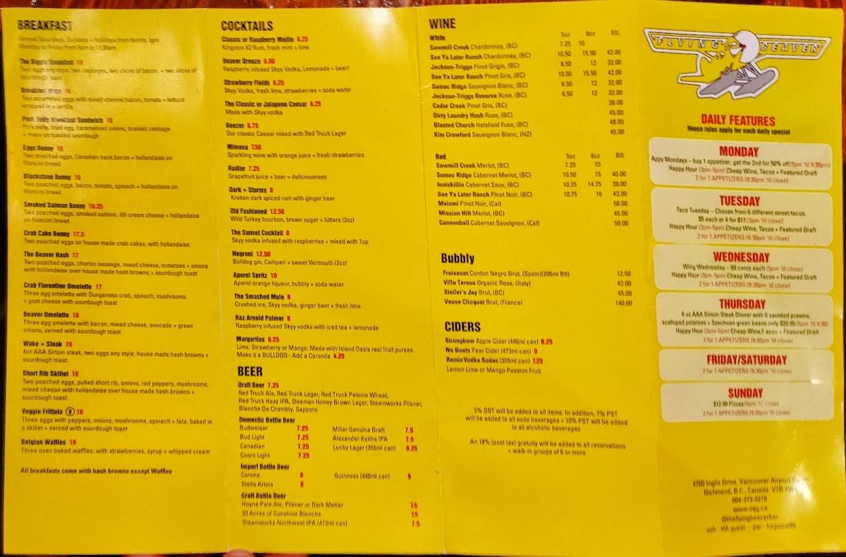 Menu at Flying Beaver Bar & Grill, Richmond