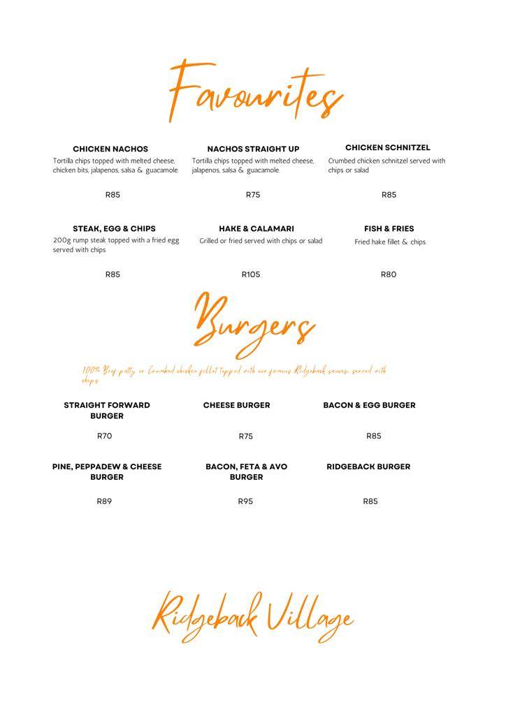 Menu at Ridgeback Village Restaurant, Pretoria, 129 South St