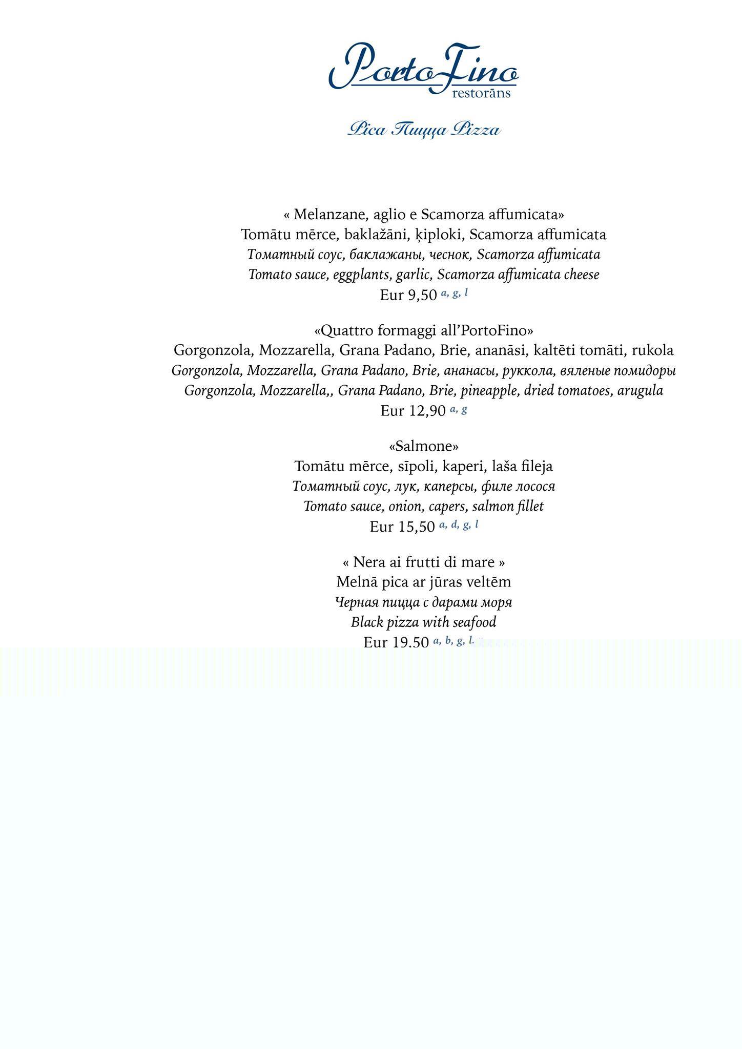 Speisekarte von Portofino restaurant, Riga, Ausekļa iela 7