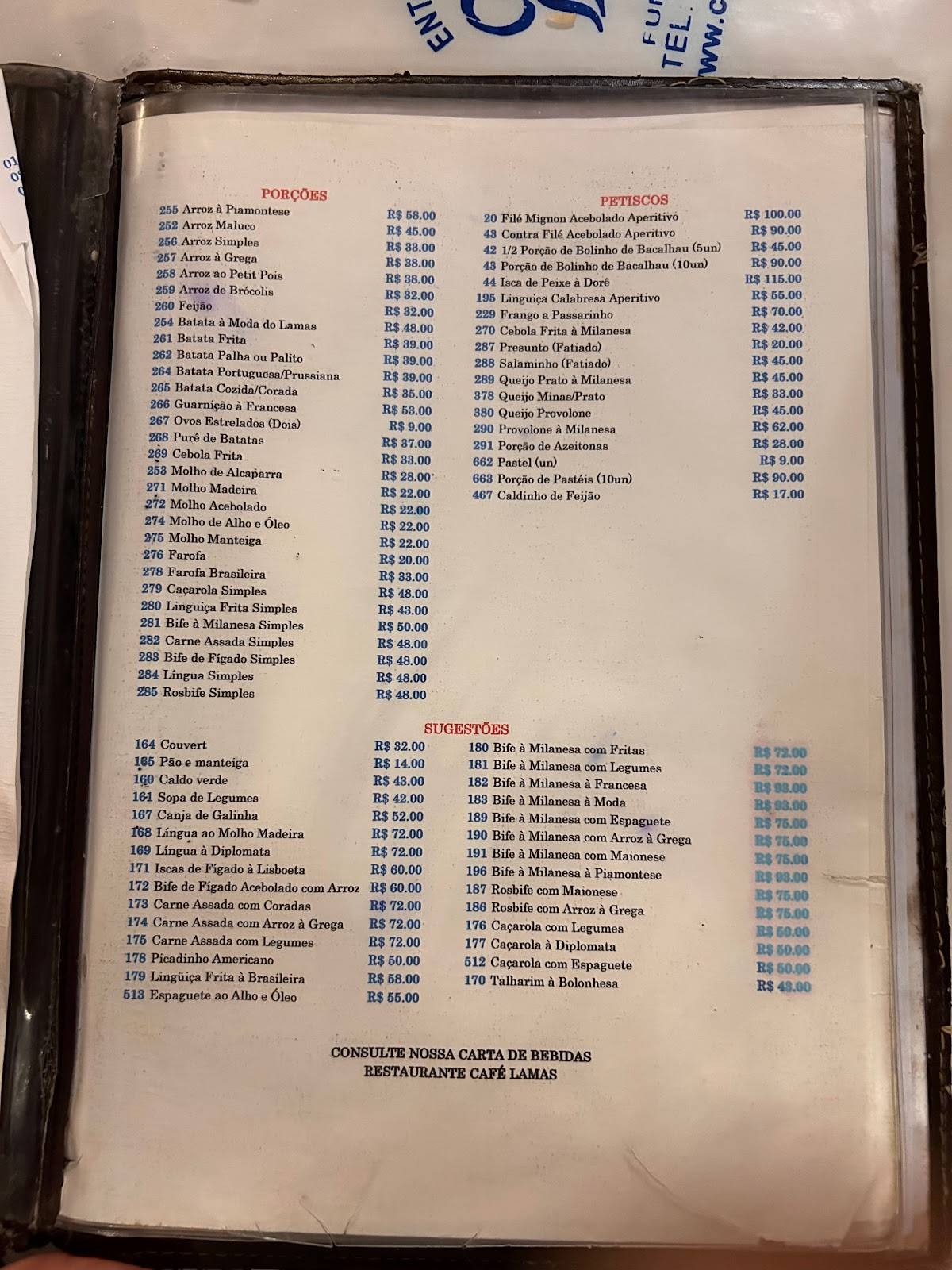Menu em Café Lamas, Rio de Janeiro, R Marquês de Abrantes 18