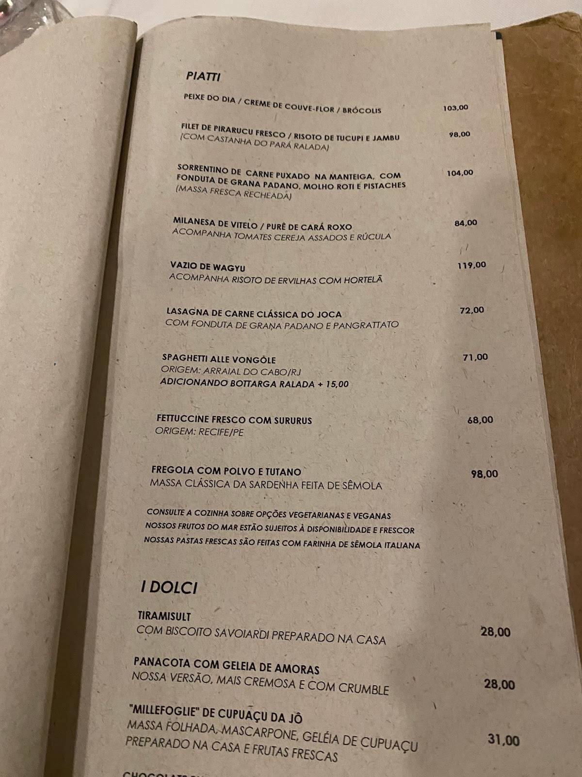 Menu em SULT restaurante, Rio de Janeiro
