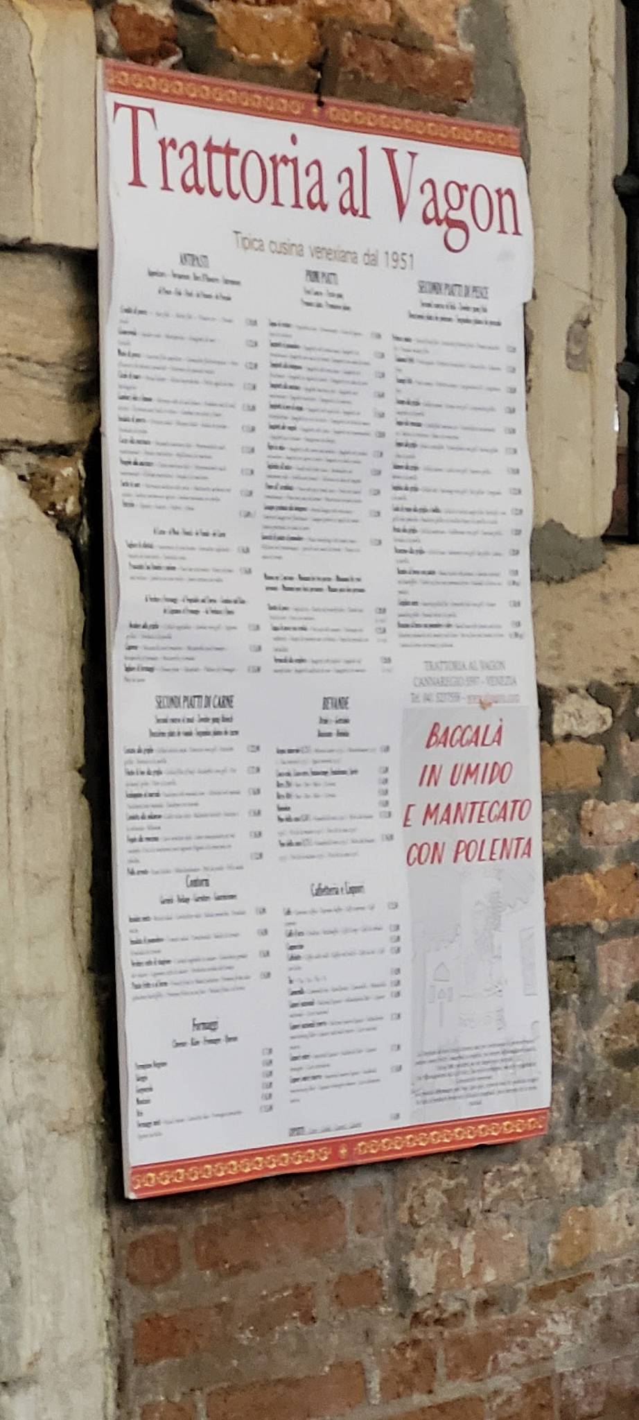 Menu da Ristorante Al Vagon, Venezia