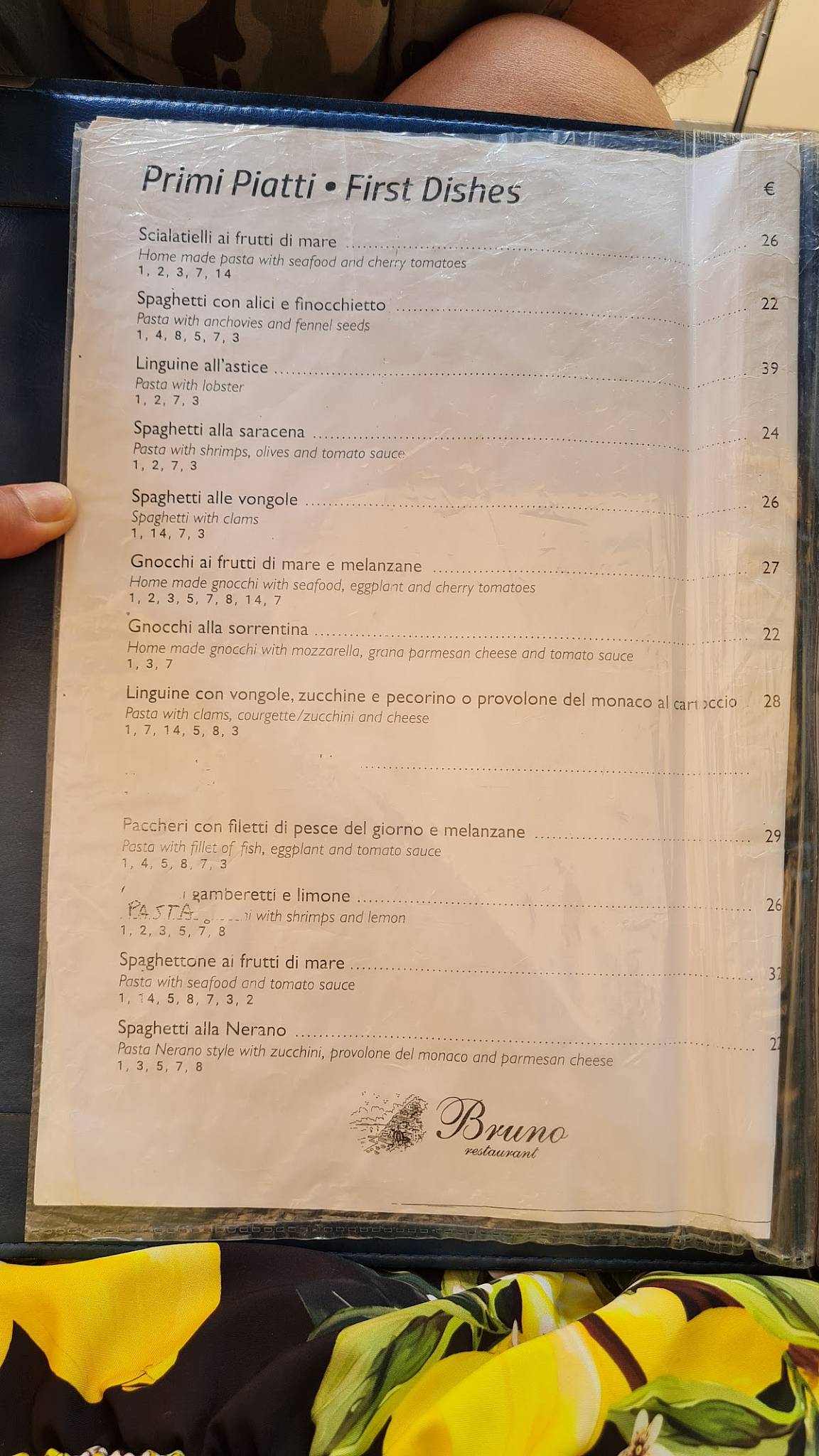 Menu at Ristorante Bruno, Positano