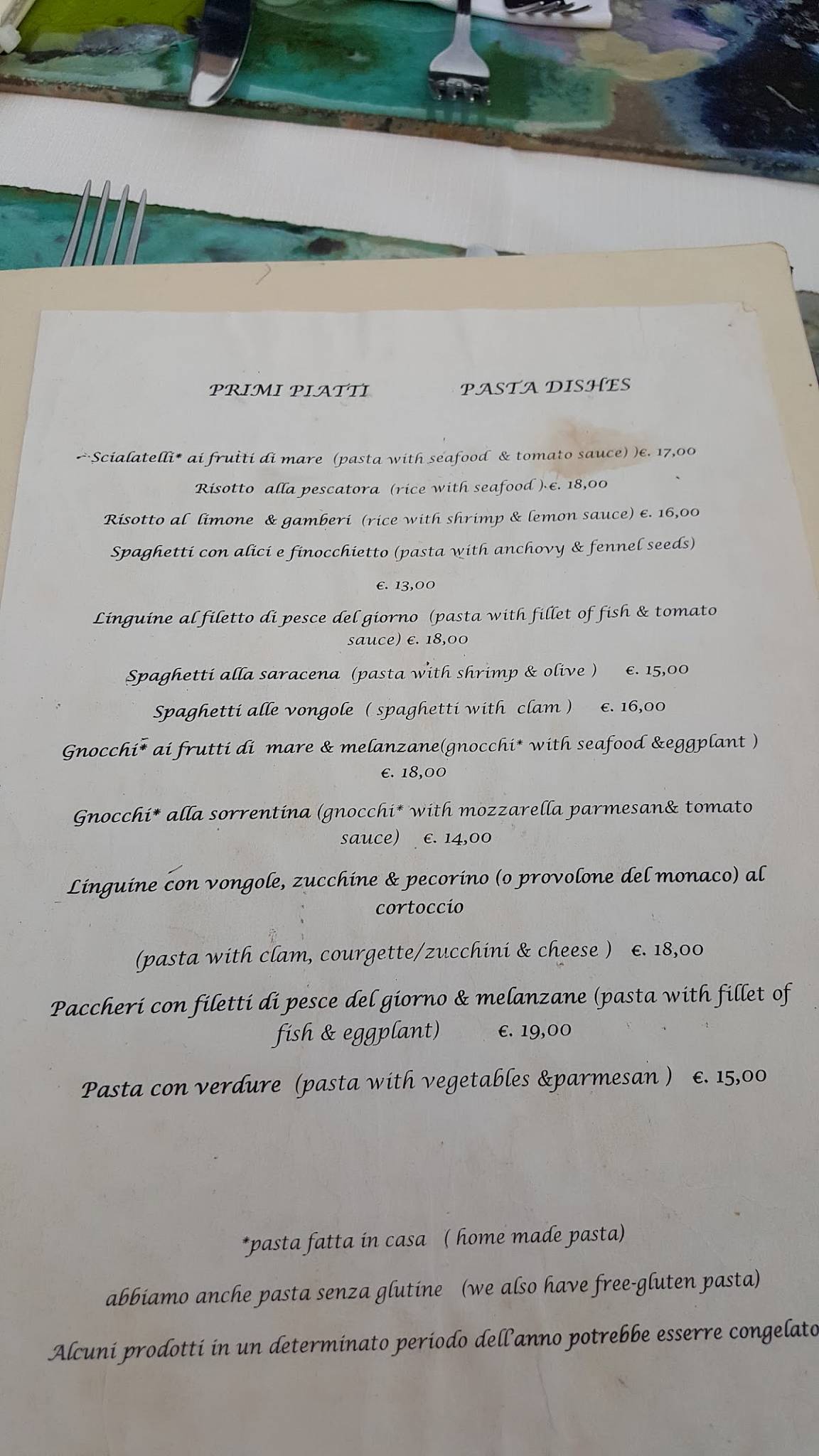Menu at Ristorante Bruno, Positano