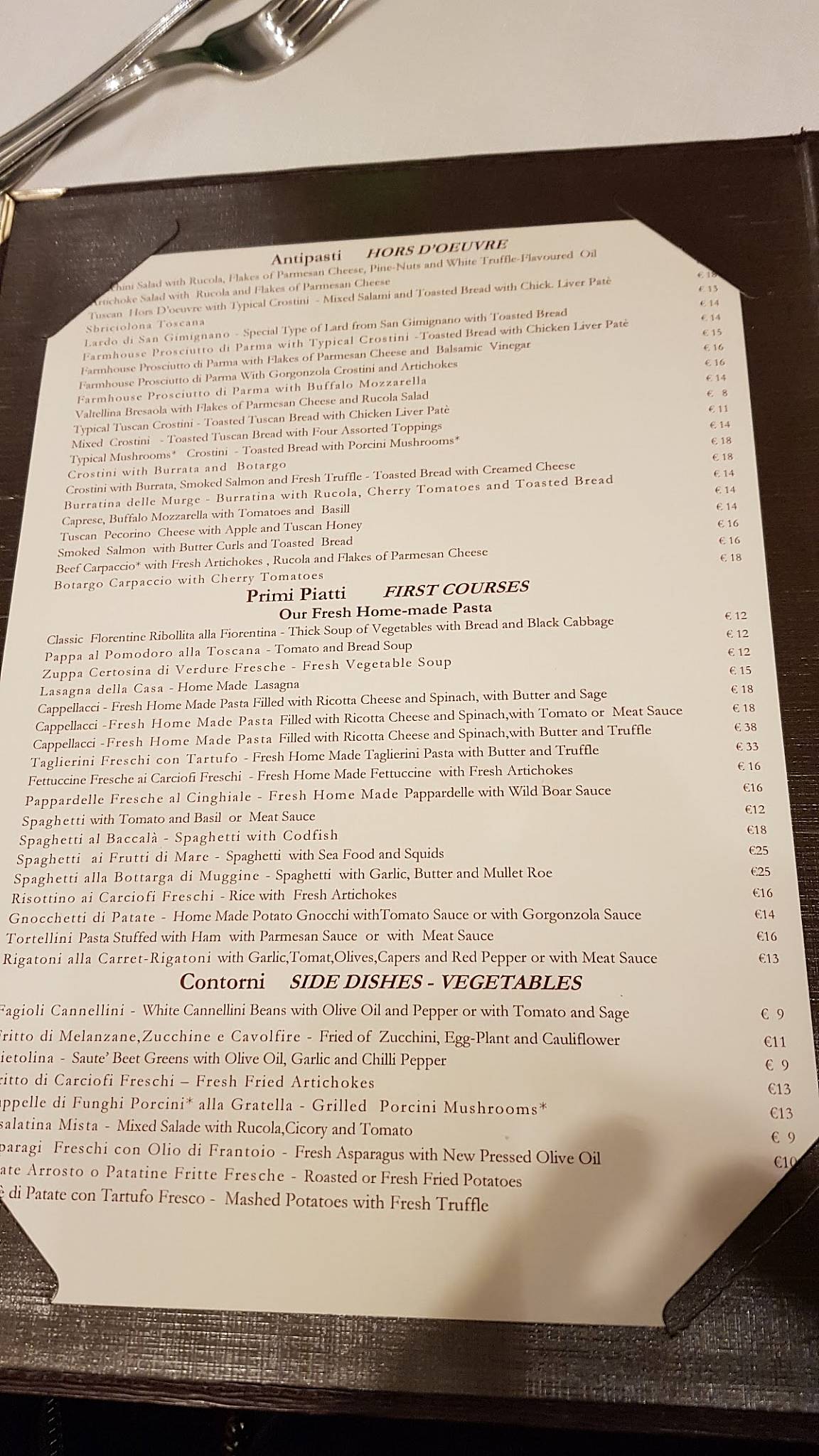 Menu at Ristorante Buca Mario, Florence