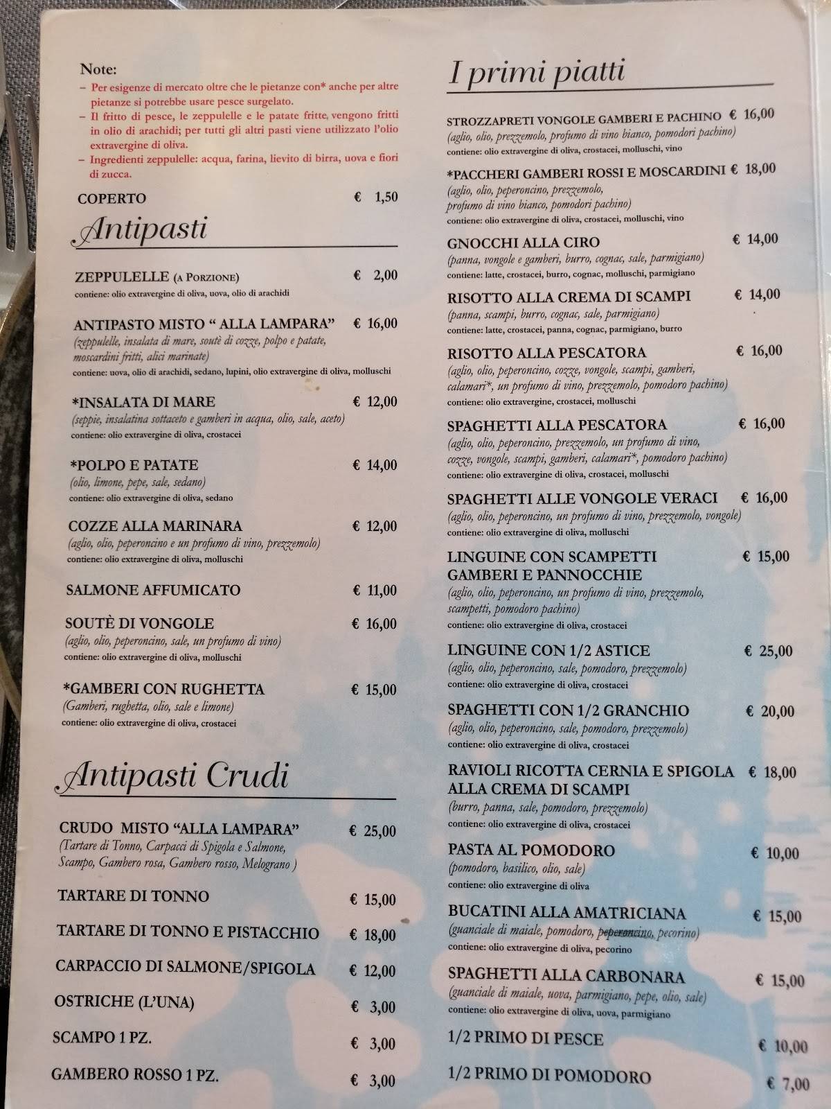 Menu da Ristorante La Lampara da Ciro, Fiumicino, Lungomare Della Salute