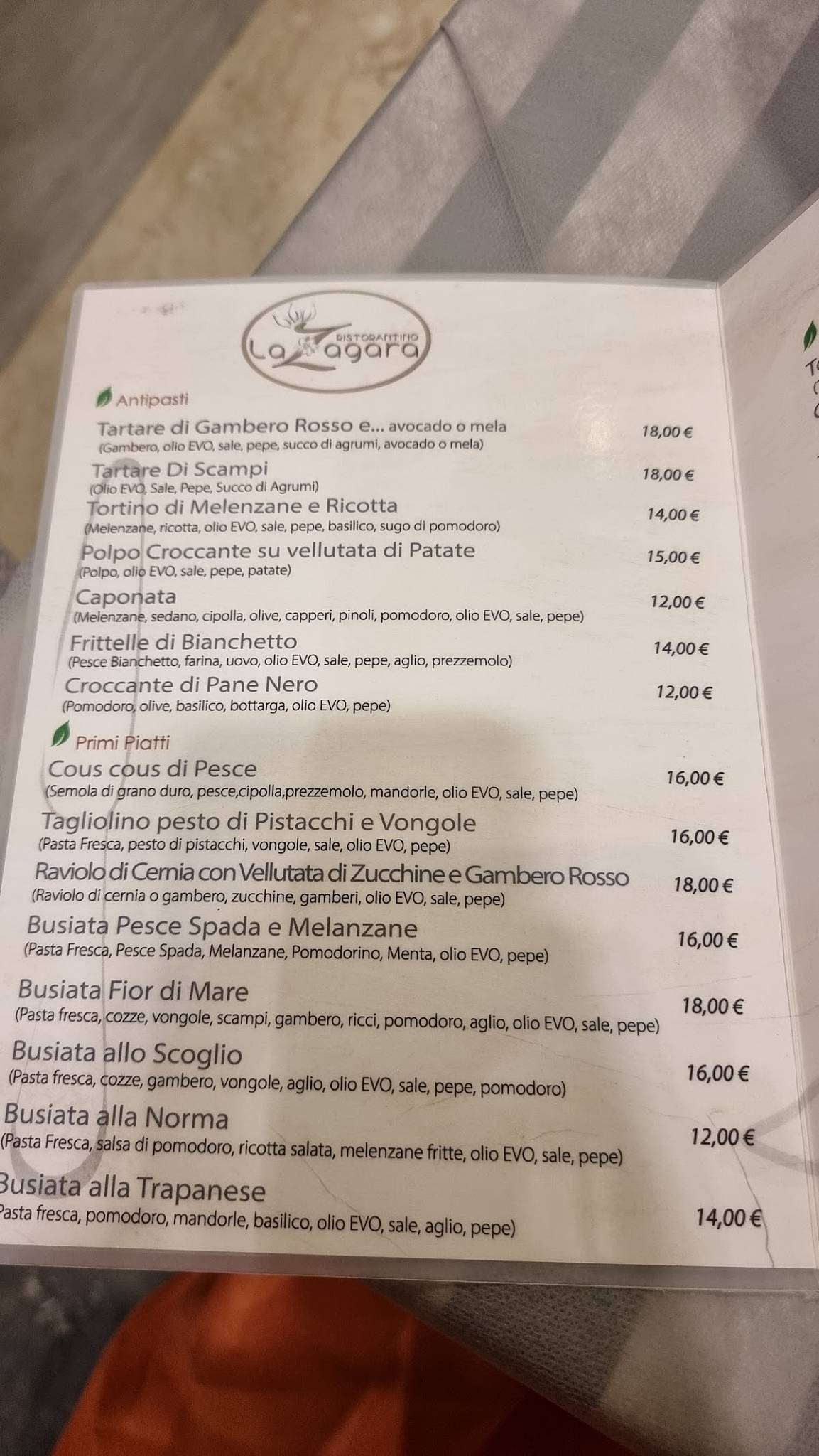 Speisekarte von Ristorantino La Zagara, San Vito Lo Capo