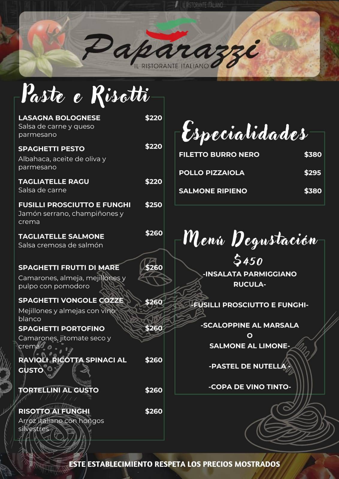 Carta del restaurante Ristorante Paparazzi, Cuernavaca, Río Balsas 13