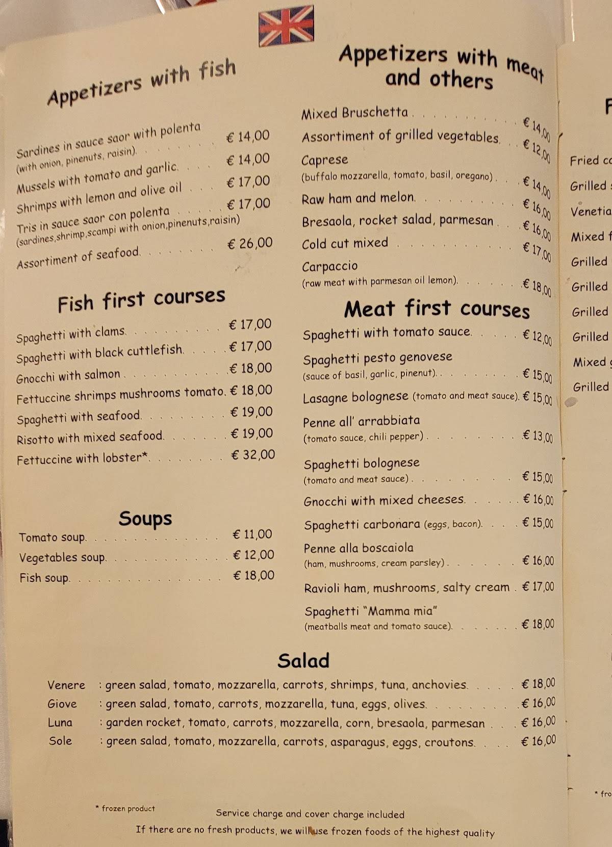 Menu at Ristorante Piccolo Martini, Venice