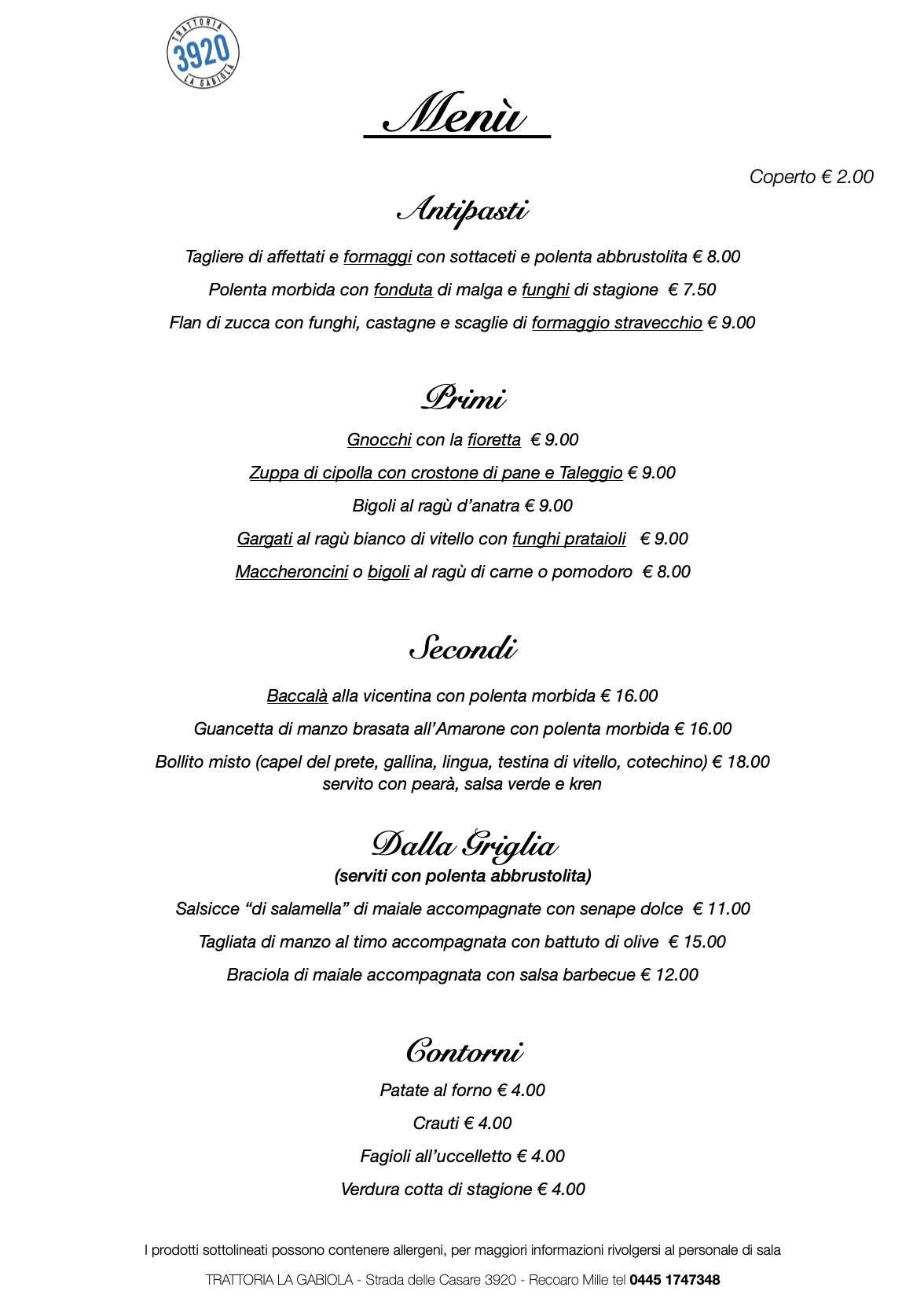Menu at Ristorante Trattoria La Gabiola, Recoaro Terme