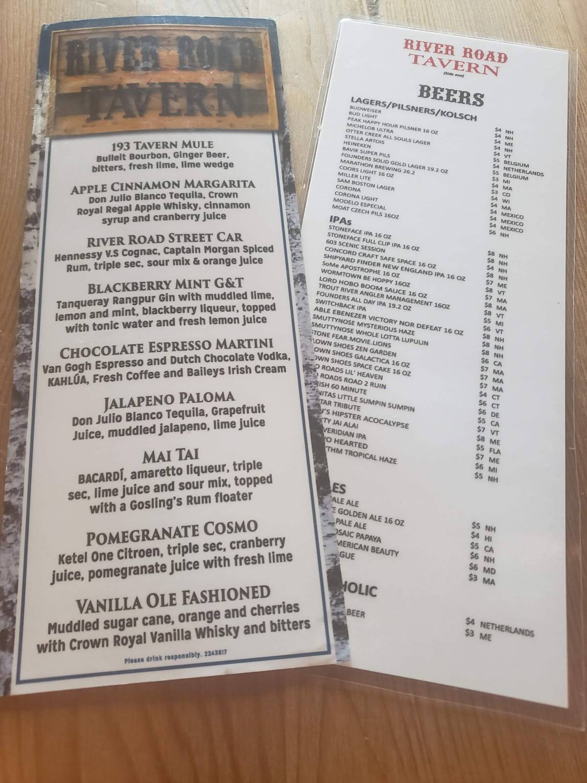 Menu at River Road Tavern pub & bar, Bedford