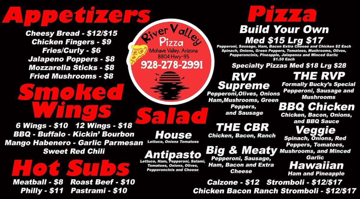 Carta de pizzería River Valley Pizza, Mohave Valley