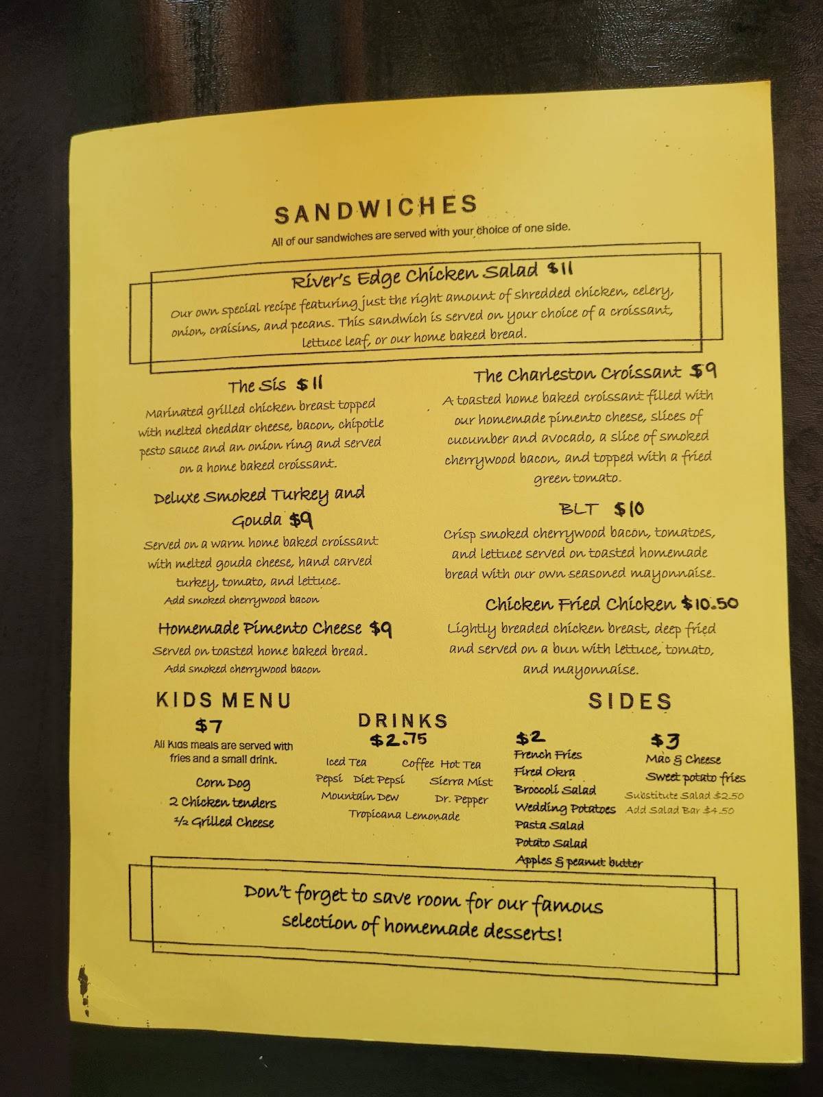 Menu at River's Edge restaurant, Cheraw