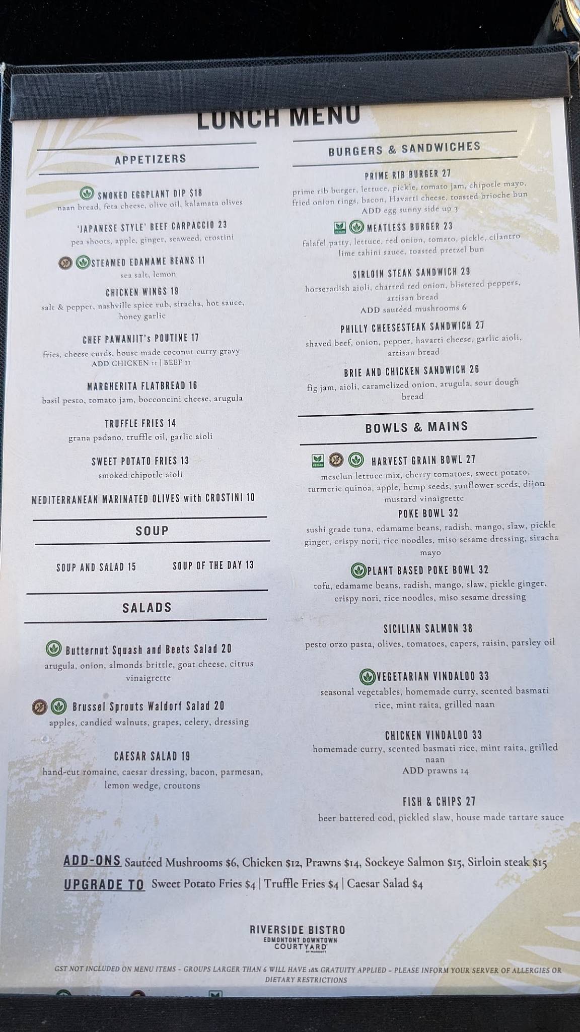 Menu at Riverside Bistro restaurant, Edmonton, 1 Thornton Ct NW
