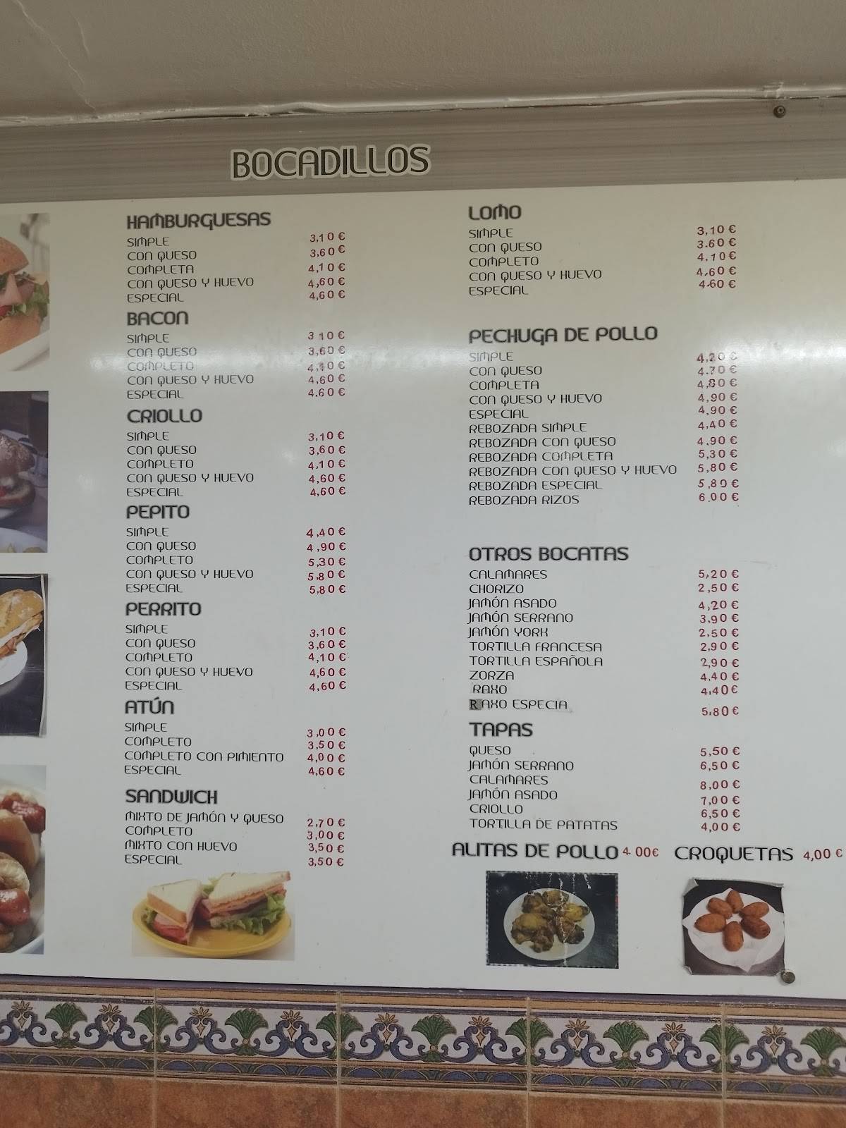 Carta de Bocatería Rizos, Pontevedra