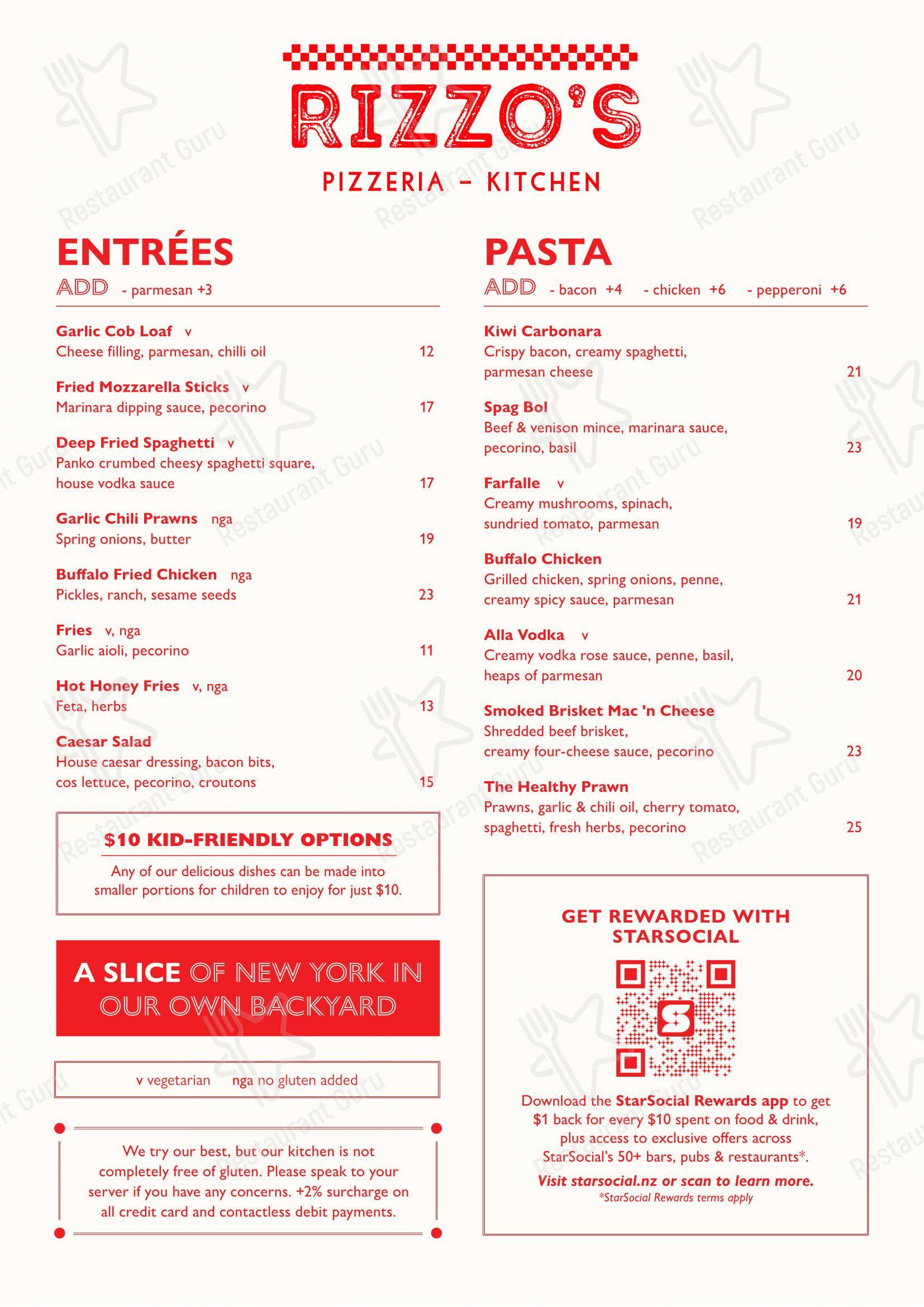 Menu at Rizzo's Pizzeria & Kitchen, Lower Hutt