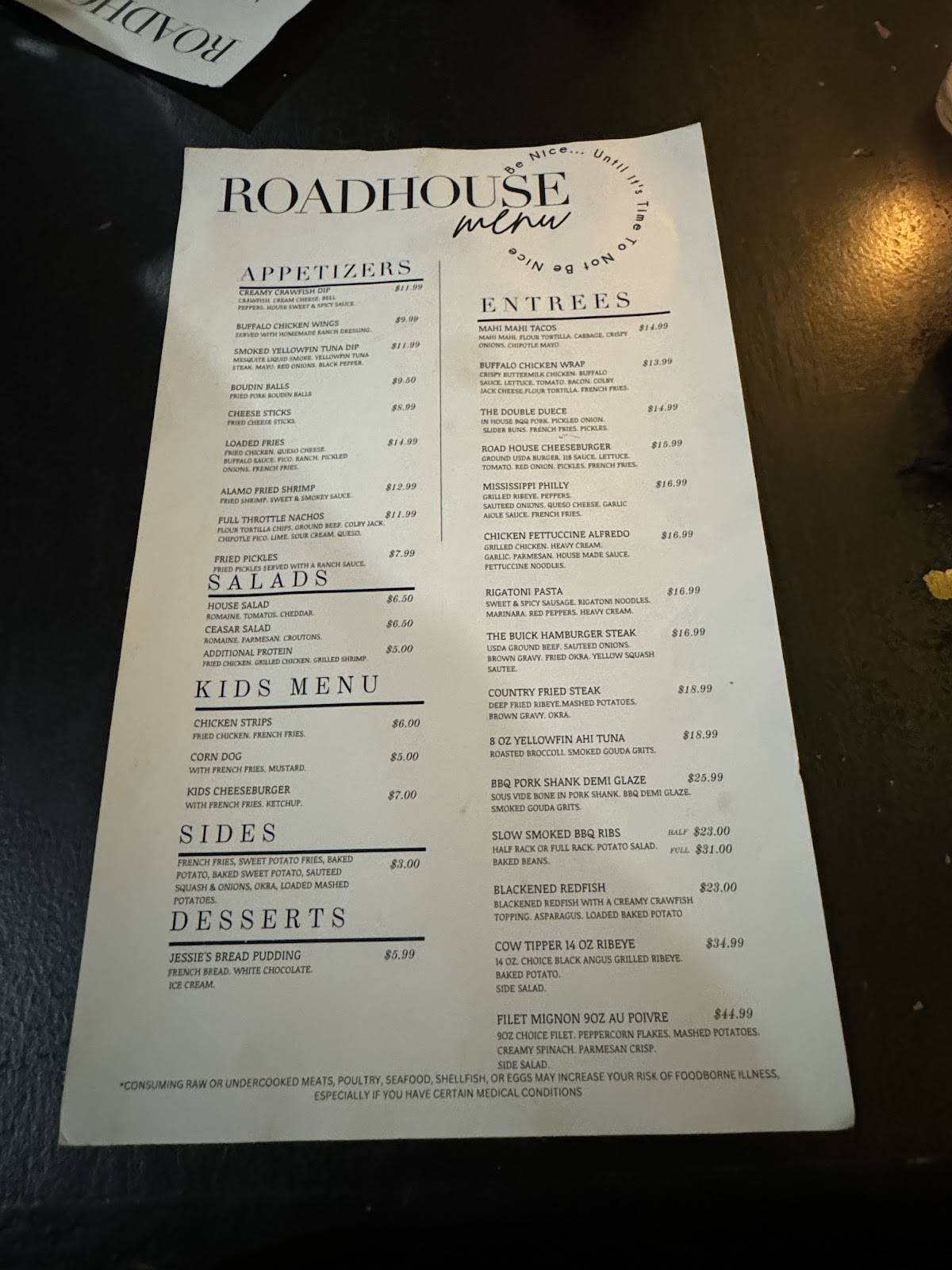 Menu at Road House Restaurant, Petal