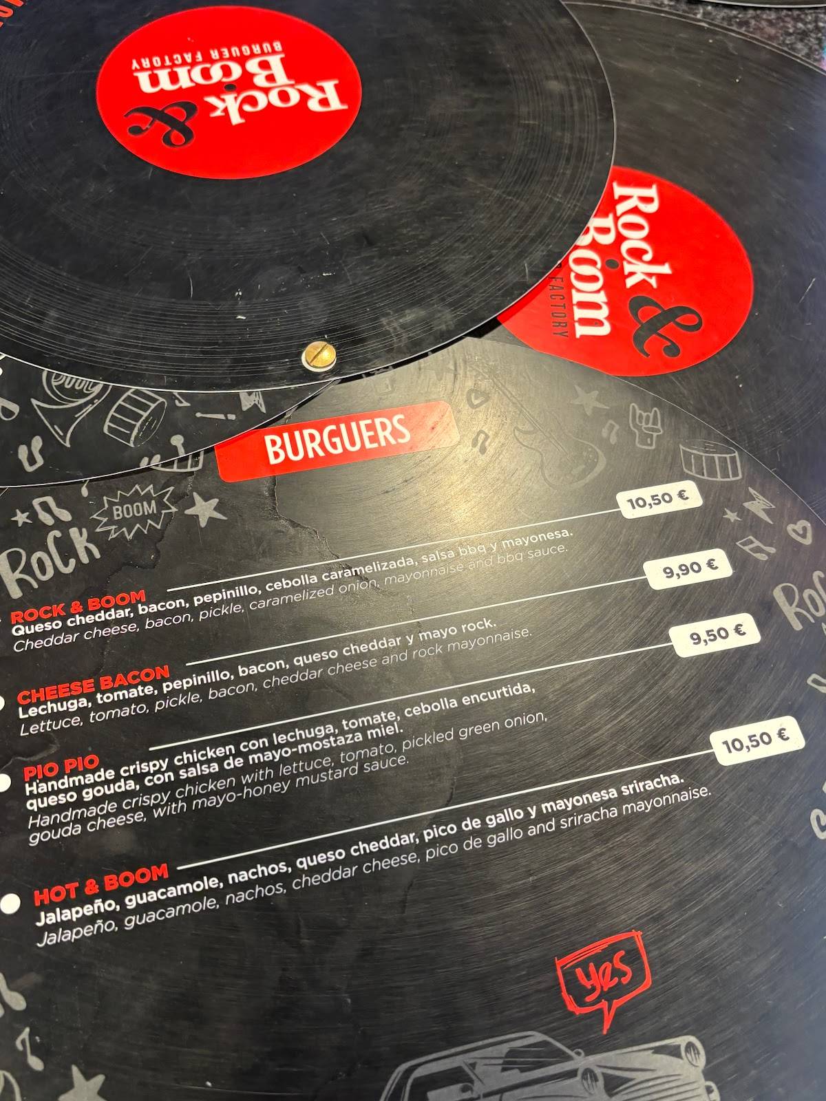 Carta del restaurante Rock & Boom, Barcelona