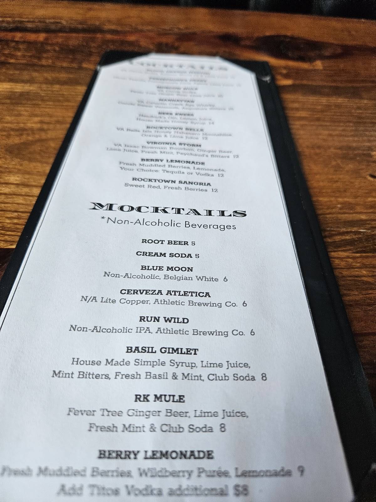 Menu at Rocktown Kitchen restaurant, Harrisonburg