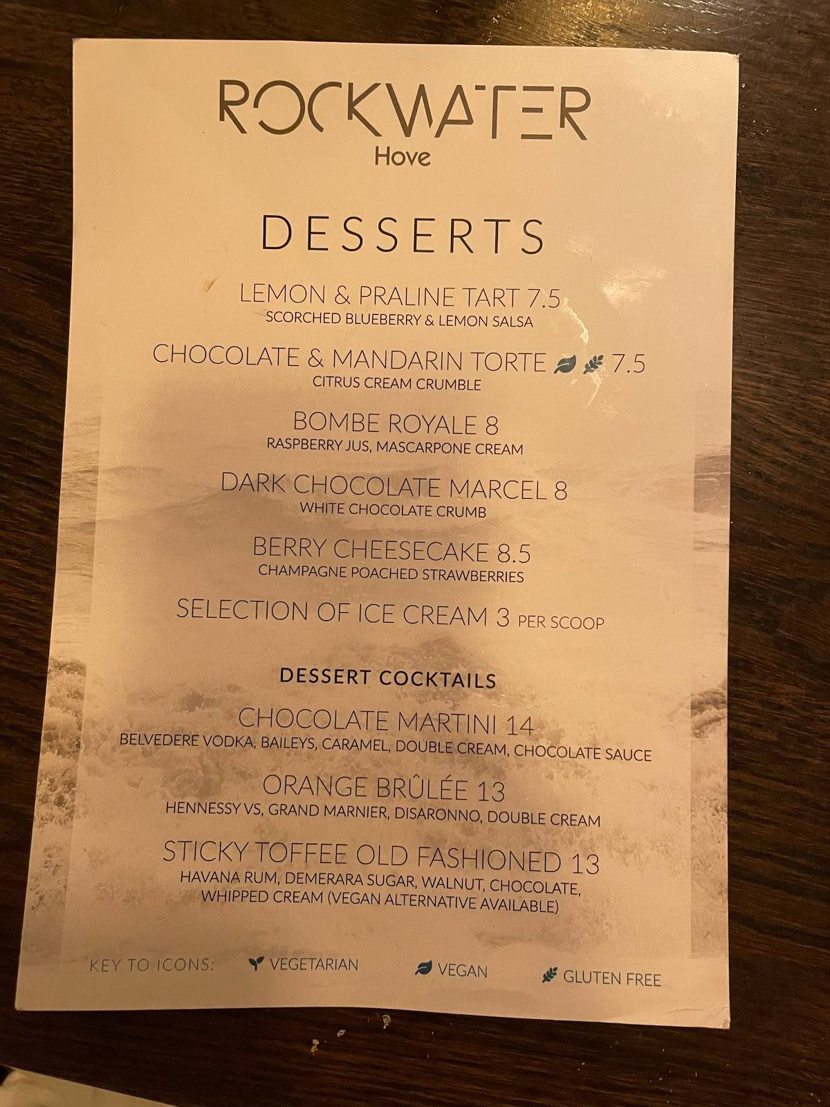 Menu at Rockwater Hove restaurant, Hove