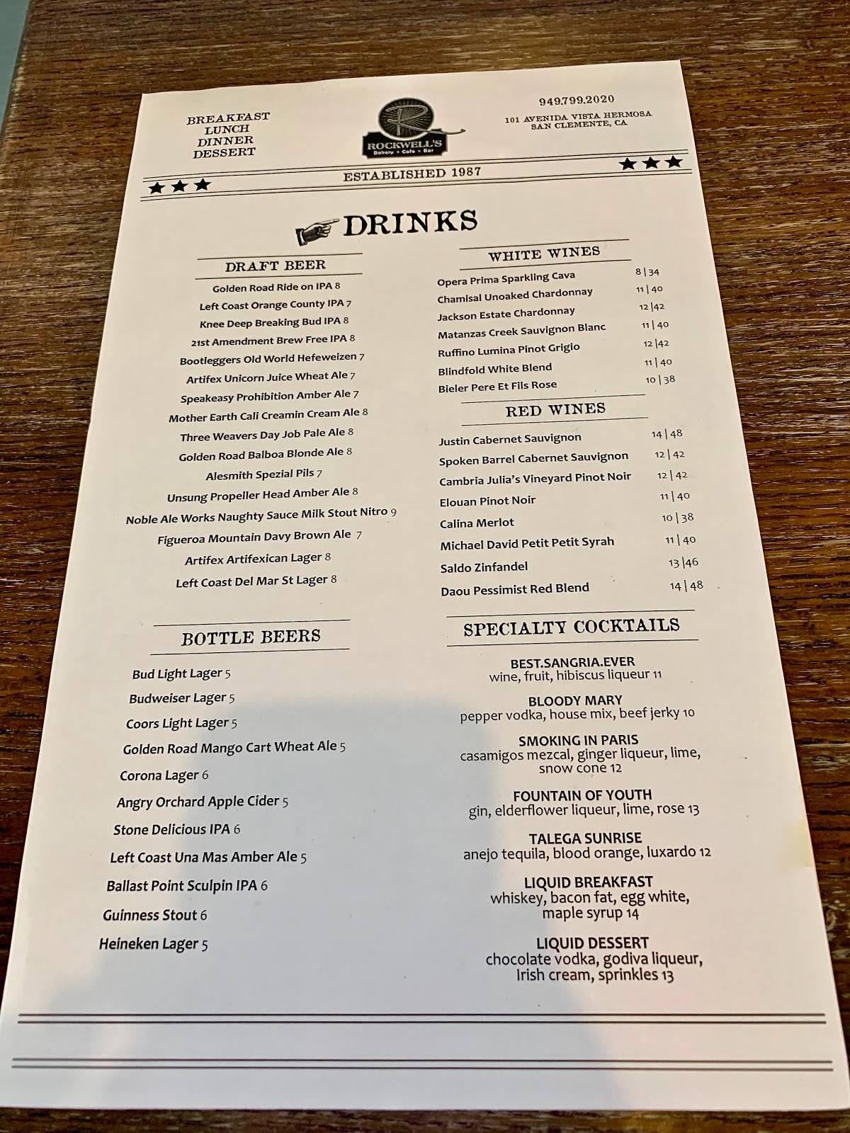 Menu at Rockwell's Bakery, San Clemente