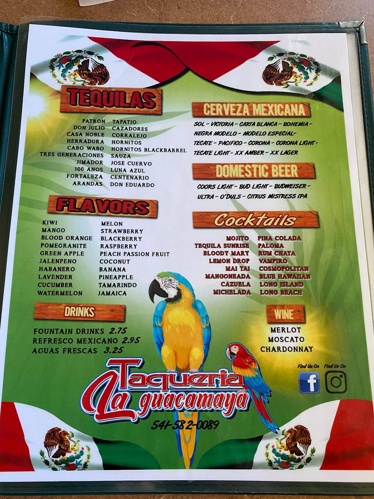 Menu at Taqueria La Guacamaya restaurant, Rogue River, Rogue River Hwy