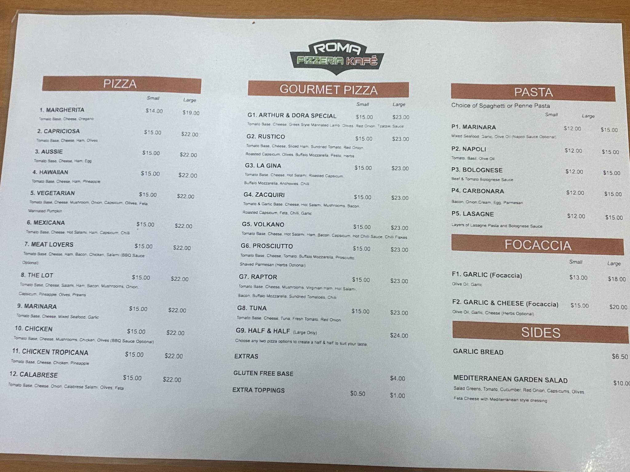 Menu at Roma Pizzeria Kafe, Myrtleford