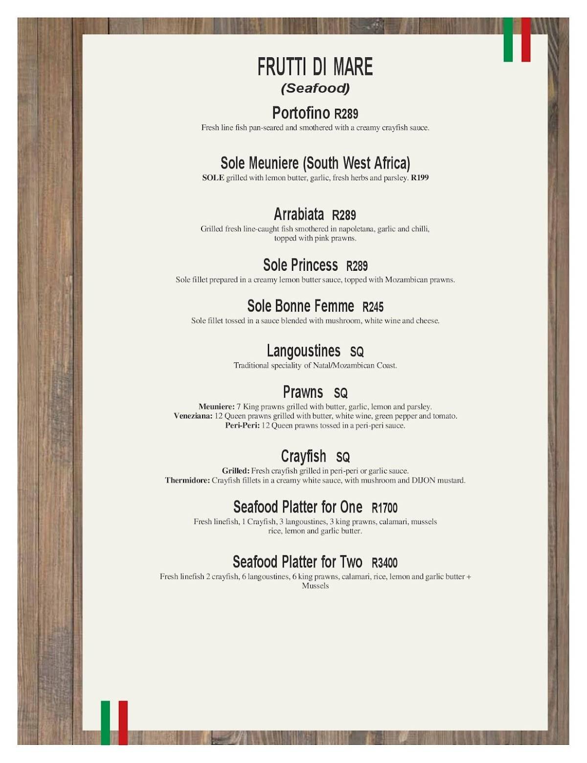 Menu at Roma Revolving Restaurant, Durban, 32 John Ross House