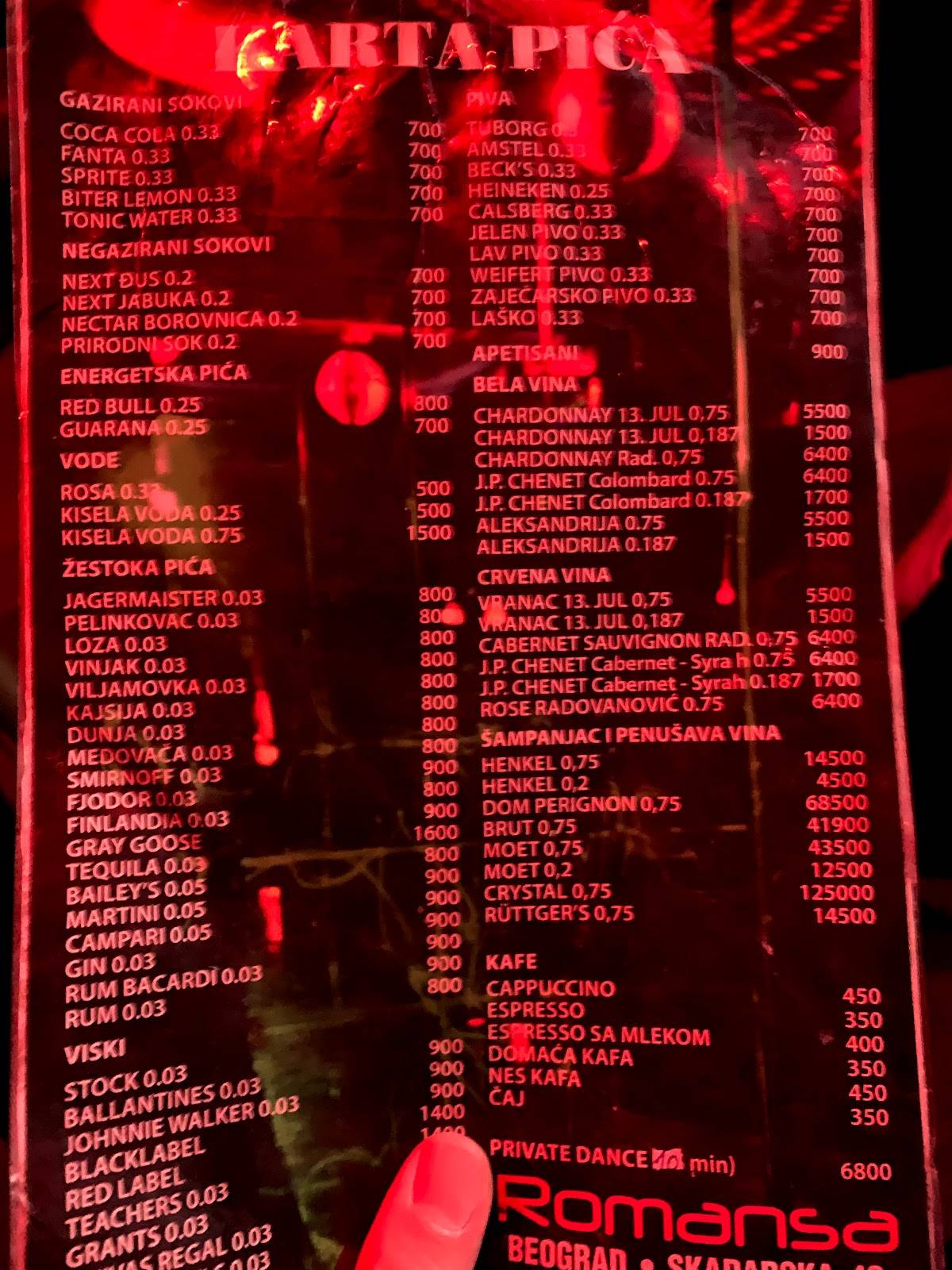 Menu at Romansa Nightclub, Belgrade