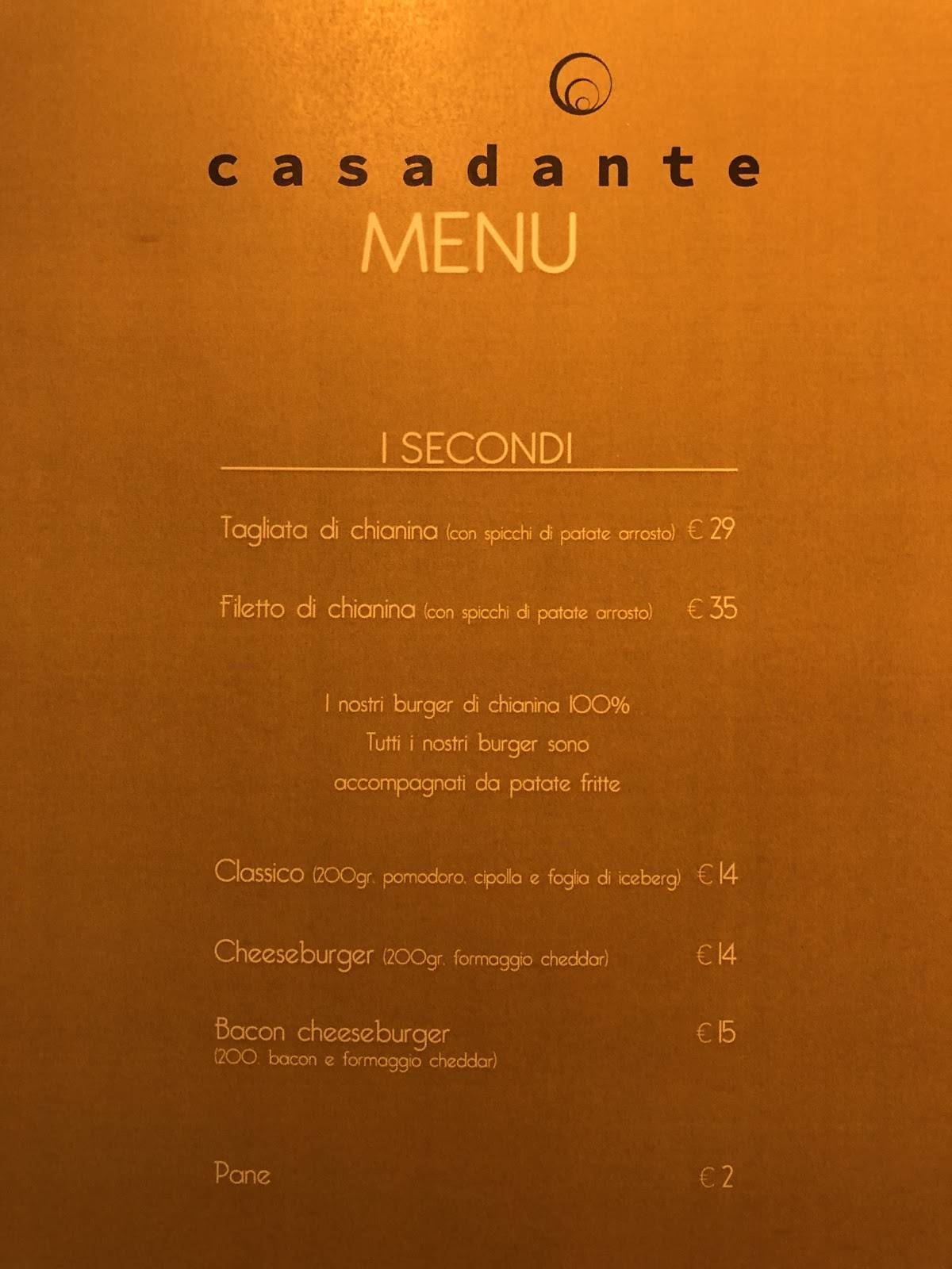 Menu at casadante restaurant, Rome