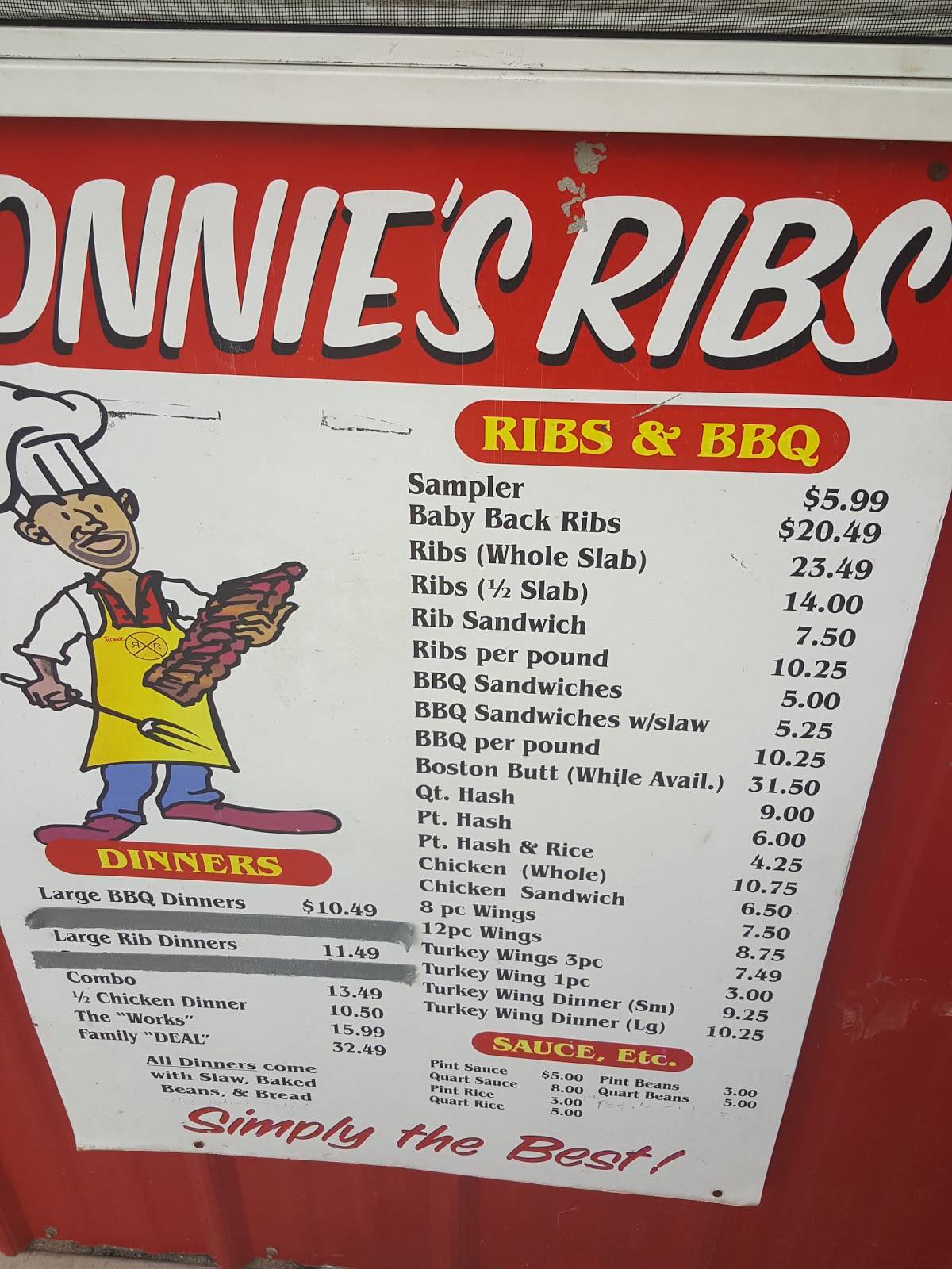 Menu at Ronnie's Ribs BBQ, Elgin