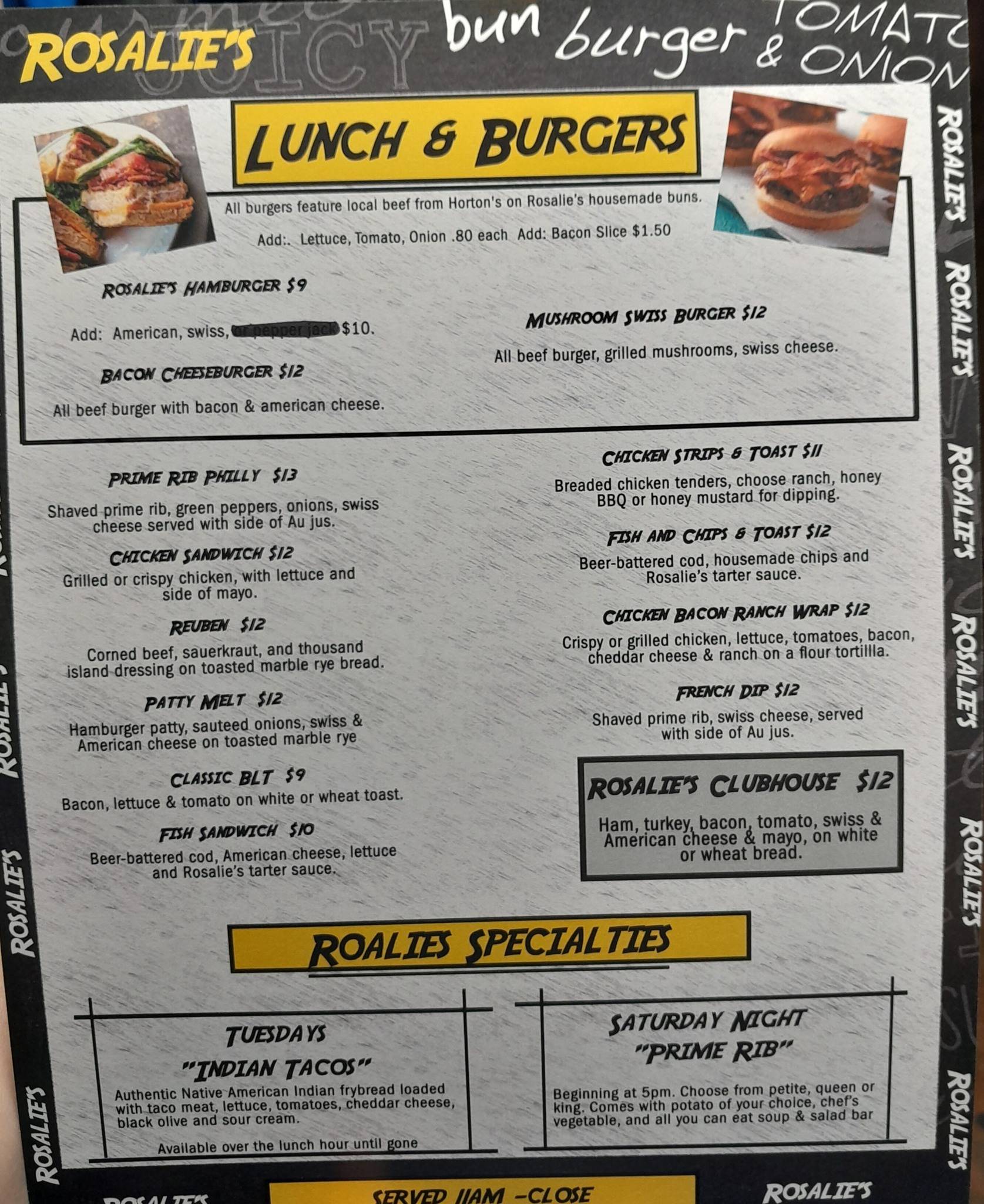 Menu at Rosalie's Restaurant, Bakery and Lounge, Sisseton
