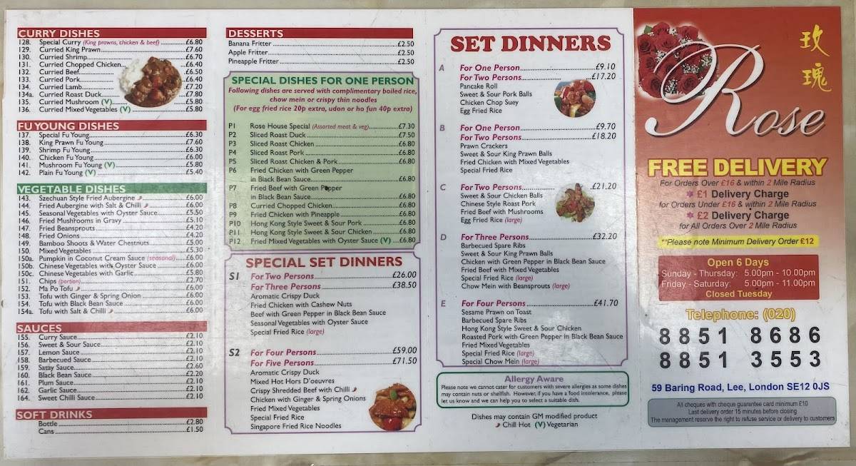 Menu at Rose fast food, London, 59 Baring Rd
