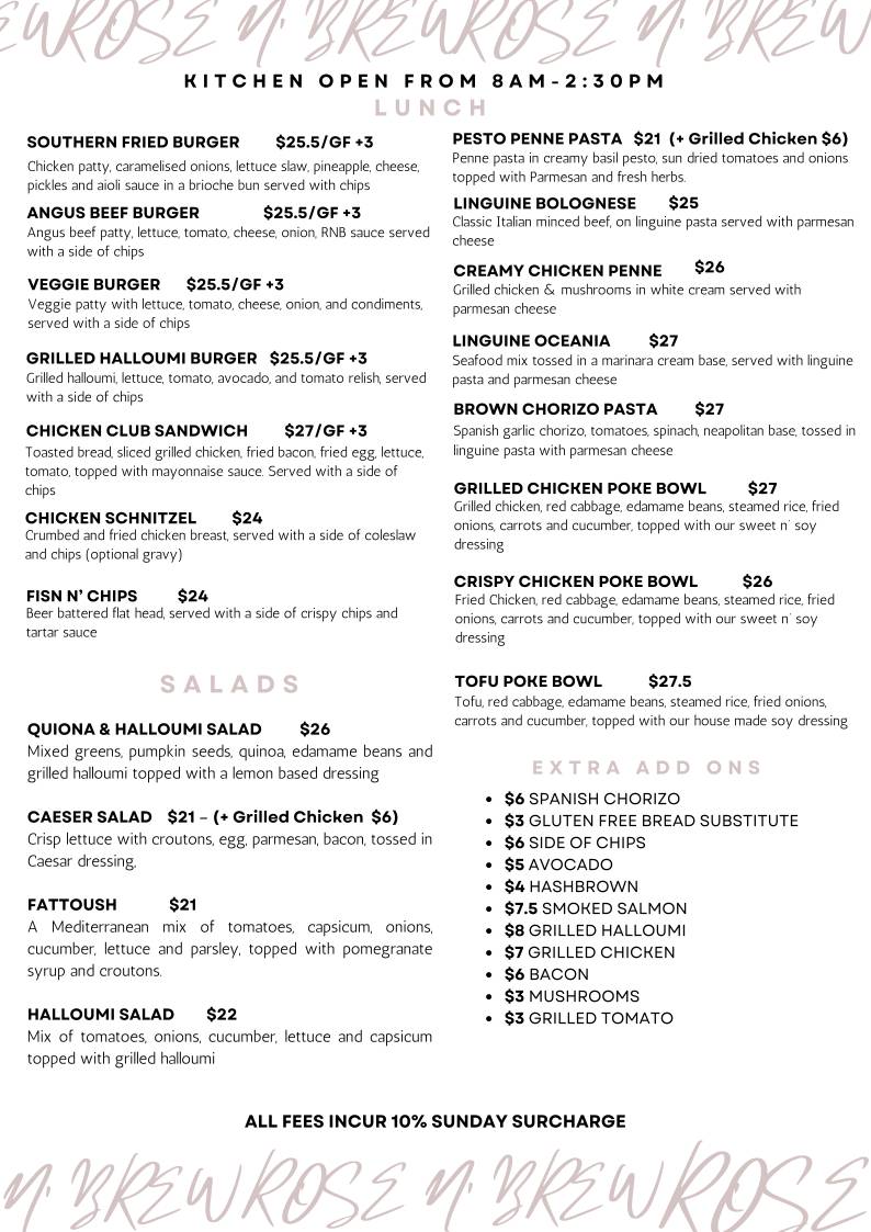 Menu at Rose N' Brew Cafe & Açai Bar, Greenway