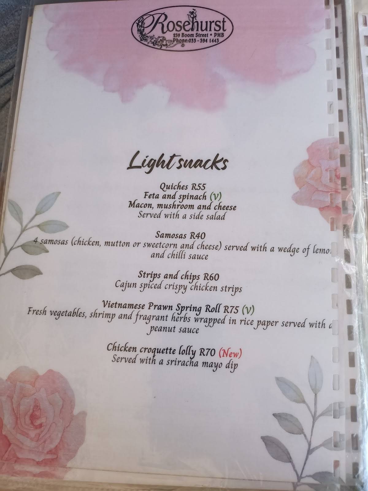 Menu at Rosehurst Garden restaurant, Pietermaritzburg