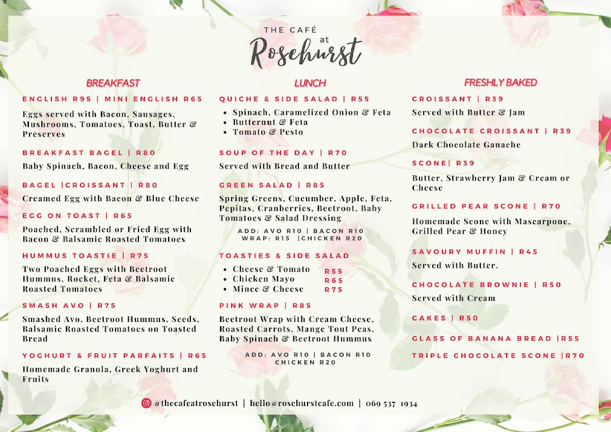 Menu at Rosehurst Garden restaurant, Pietermaritzburg