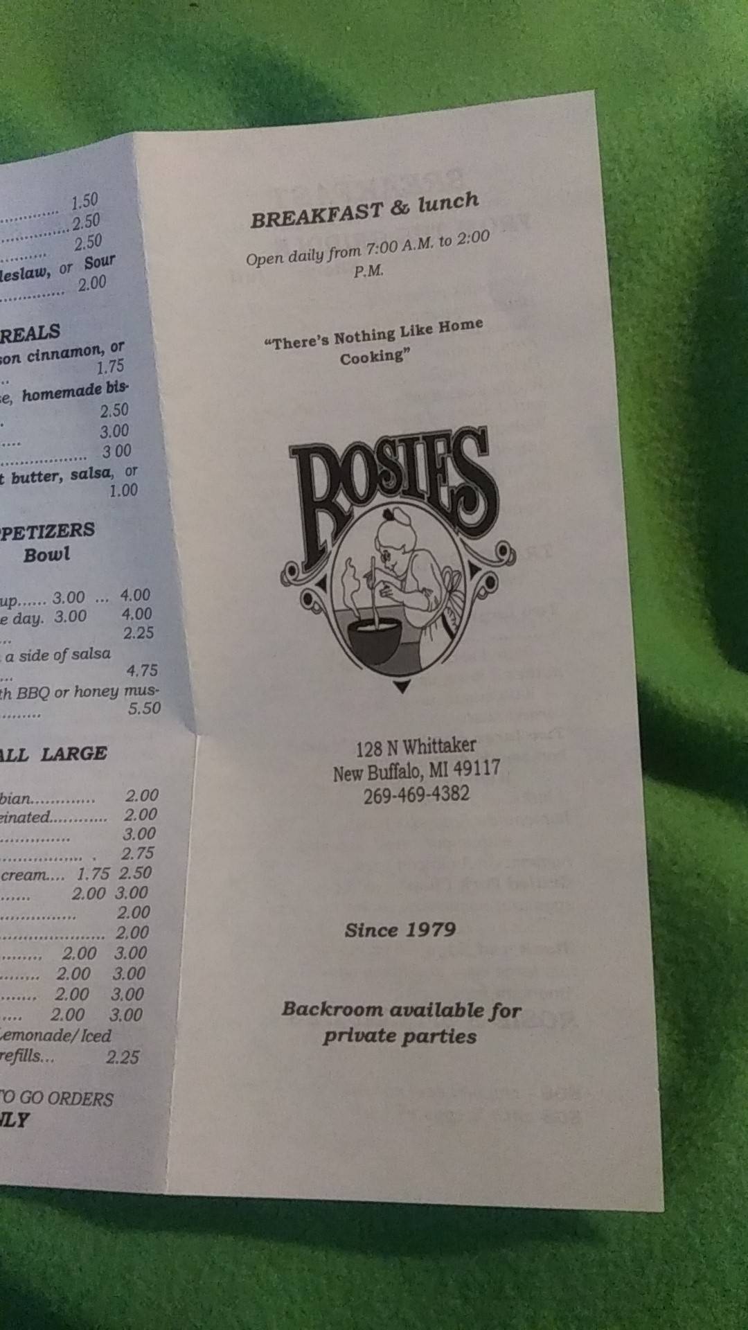 Menu at Rosie's Restaurant, New Buffalo